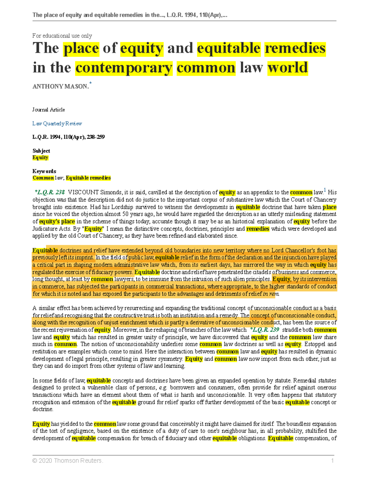 The place of equity and equitable remedies in the contemporary common ...