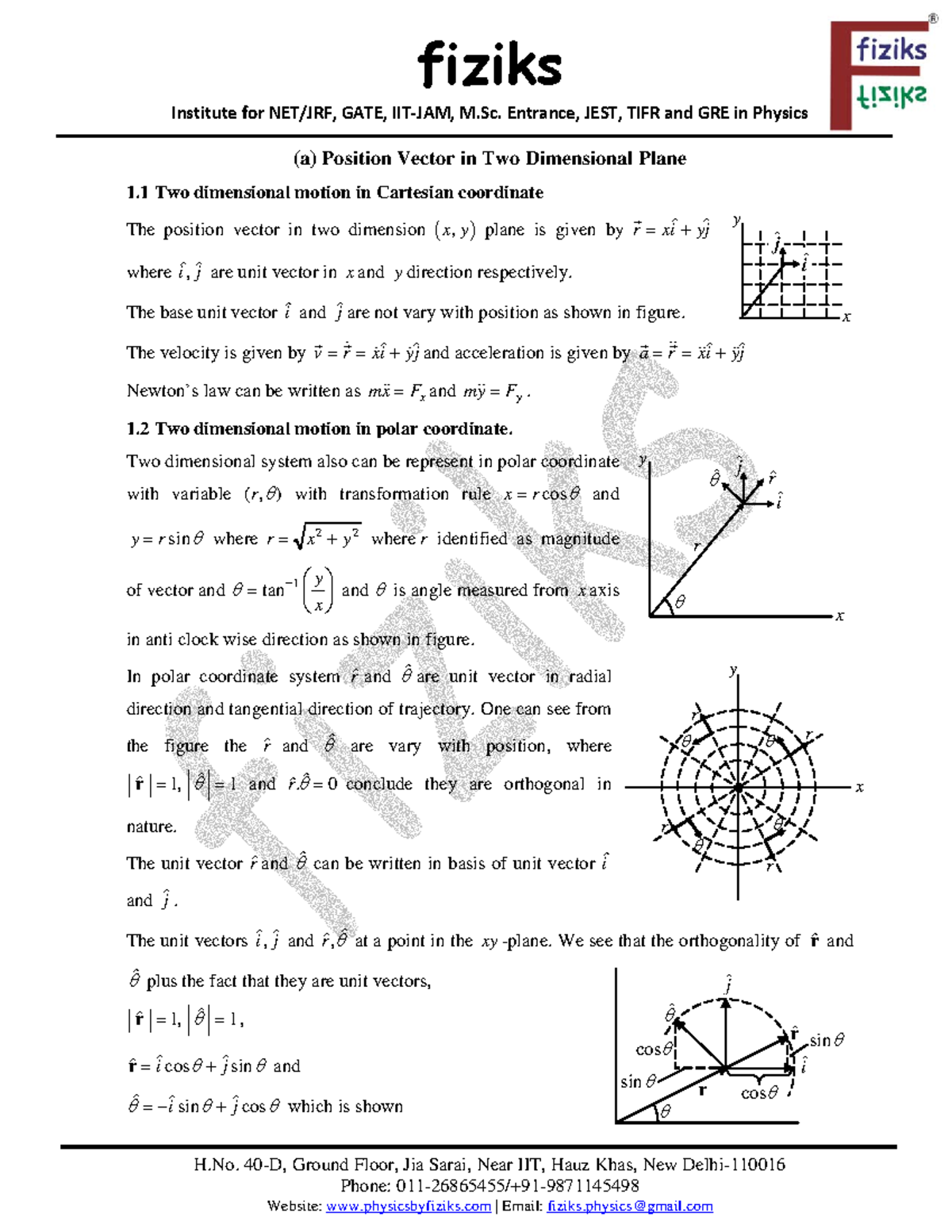 (a) Position Vector in Two Dimensional Plane - fiziks Institute for NET ...