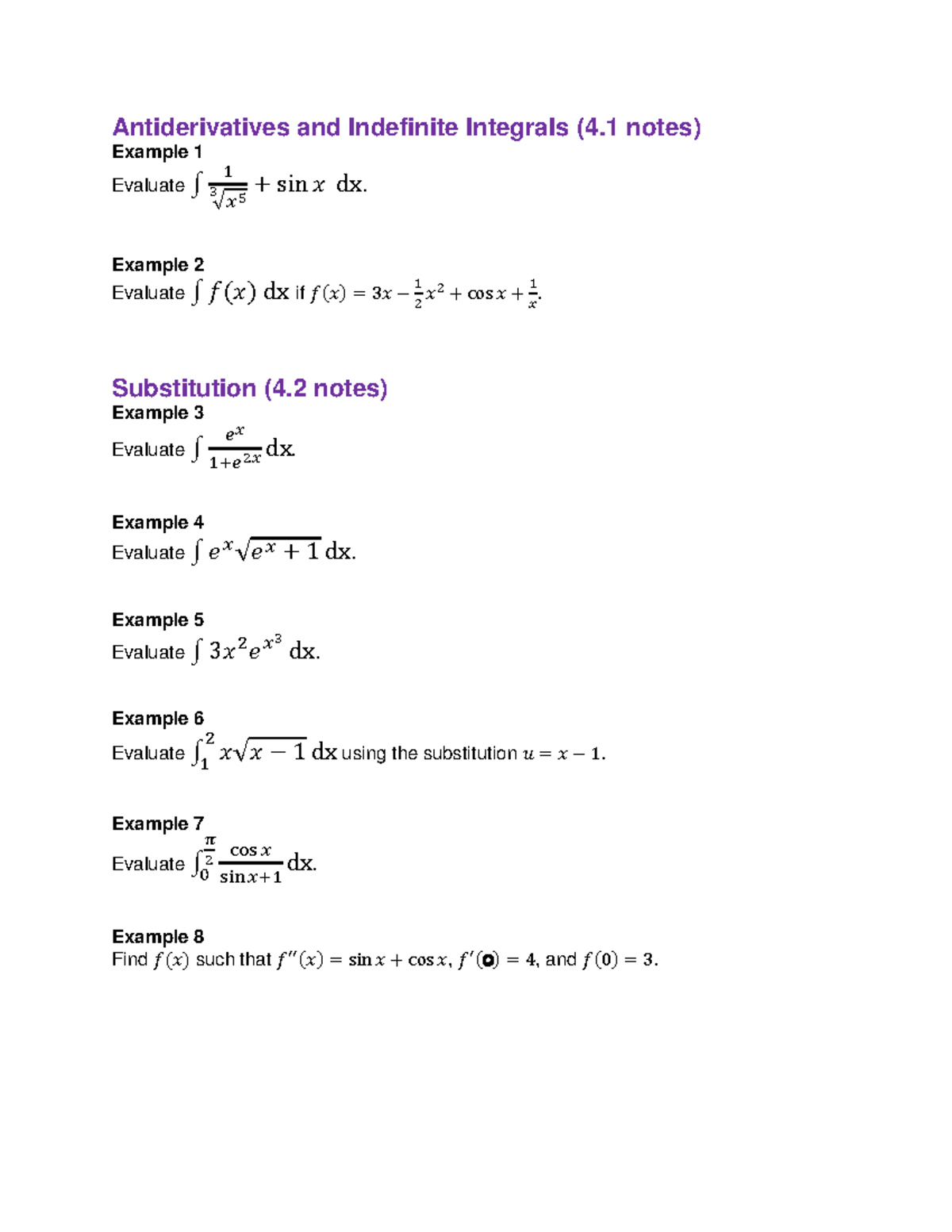 Review Questions For Final - Antiderivatives and Indefinite Integrals ...