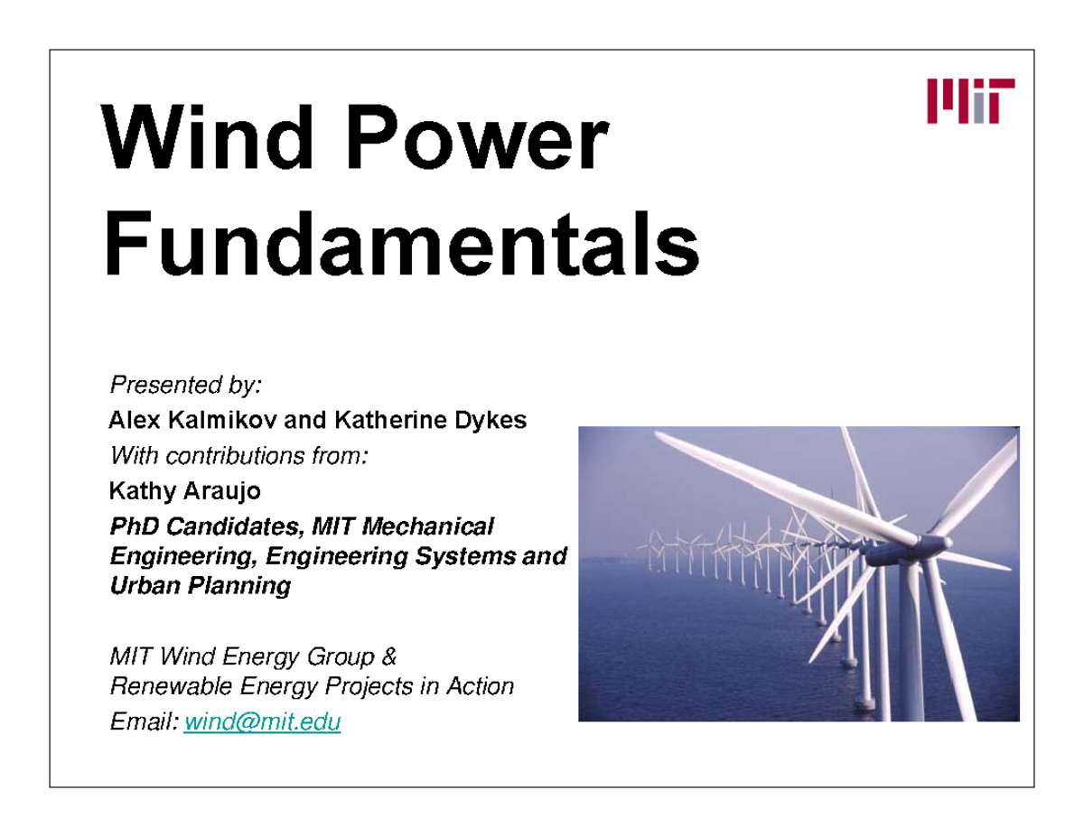 Wind Energy 101 - Lecture notes 6 - Wind PowerWind Power ...
