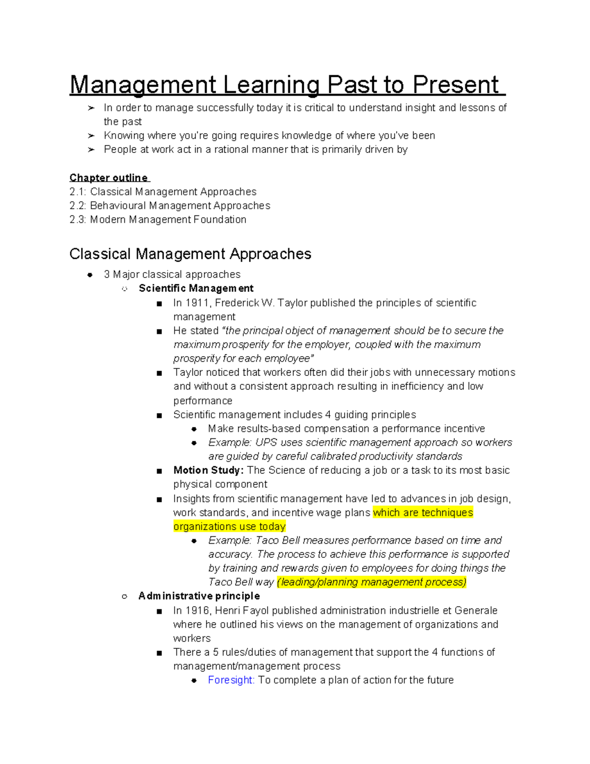 GMS 200 Chapter 2 notes - Management Learning Past to Present In order ...