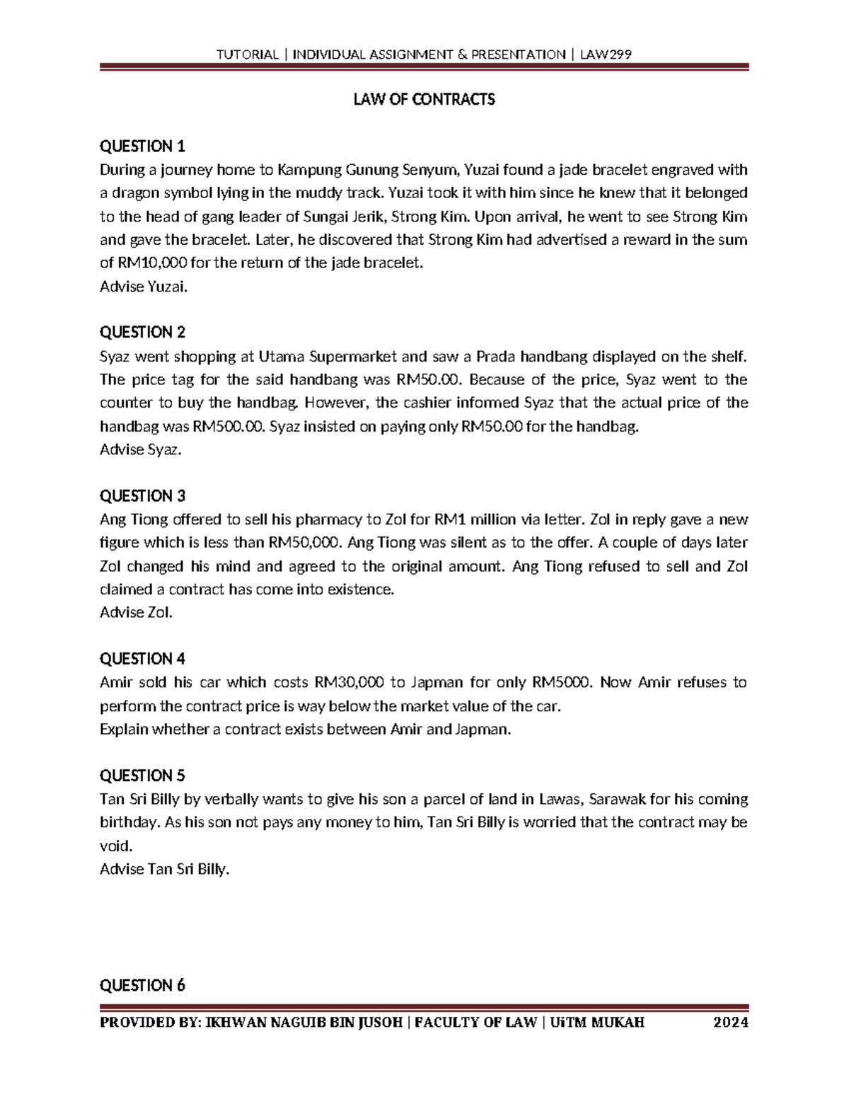 LAW OF Contracts (tutorial) - TUTORIAL | INDIVIDUAL ASSIGNMENT & PRESENTATION | LAW LAW OF - Studocu