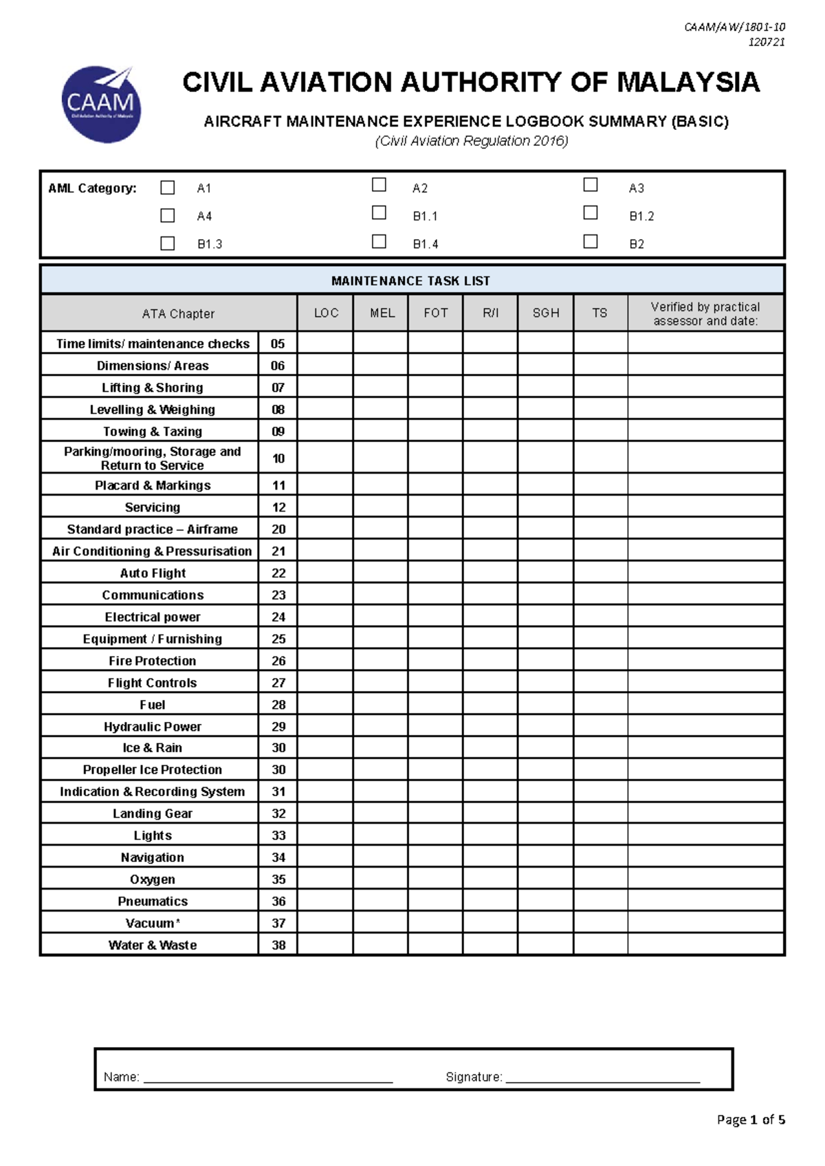 Caamaw 180110-Aircraft-Maintenance-Experience-Logbook-Summary - Name ...