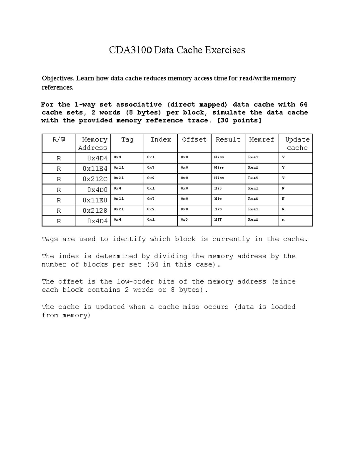 Knightasg 8 - datacache exercises - CDA310 0 Data Cache Exercises Objectives. Learn how data ...