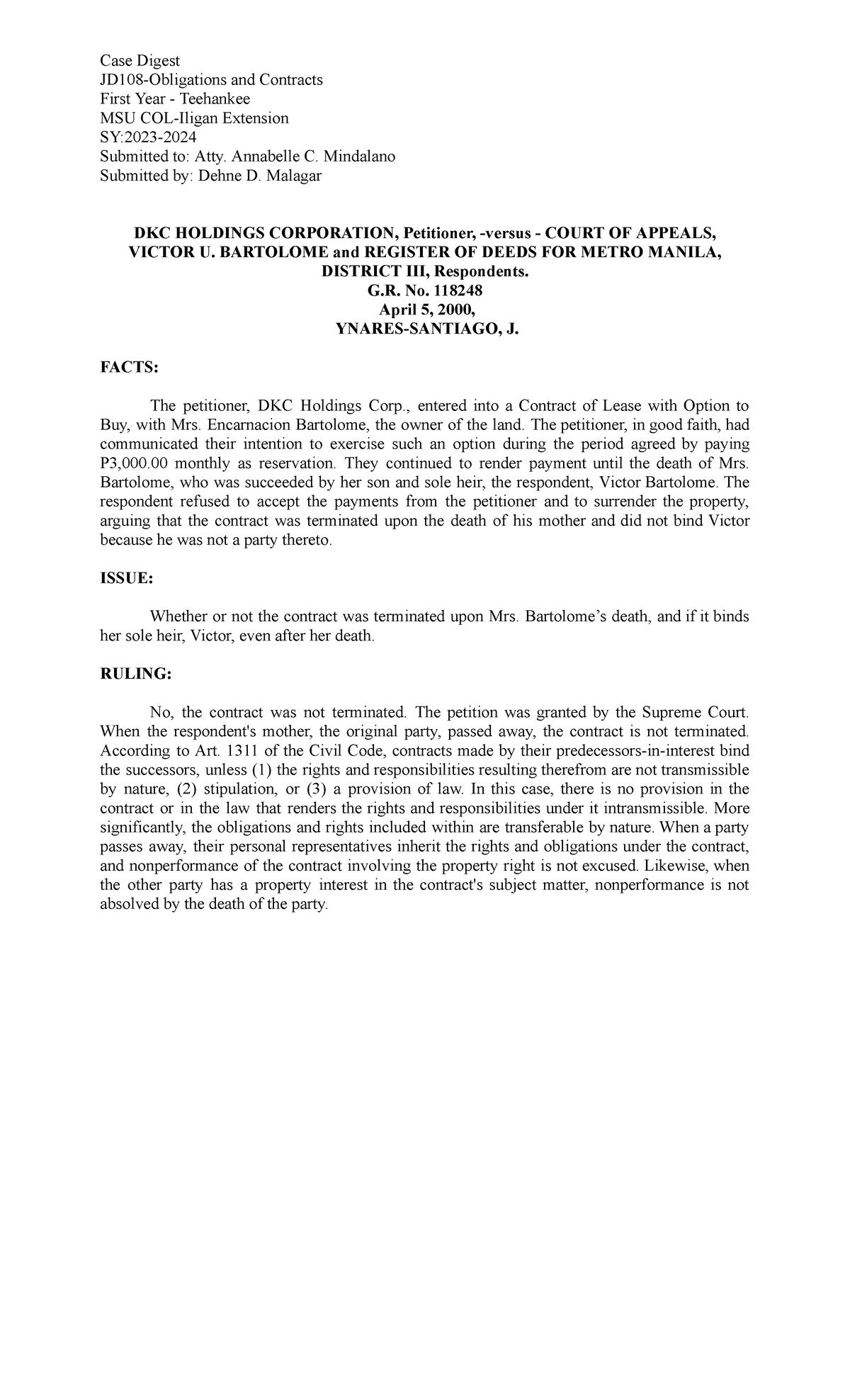 DKC Holdings Corp. v Bartolome TRANSMISSIBILITY - Case Digest JD108 ...