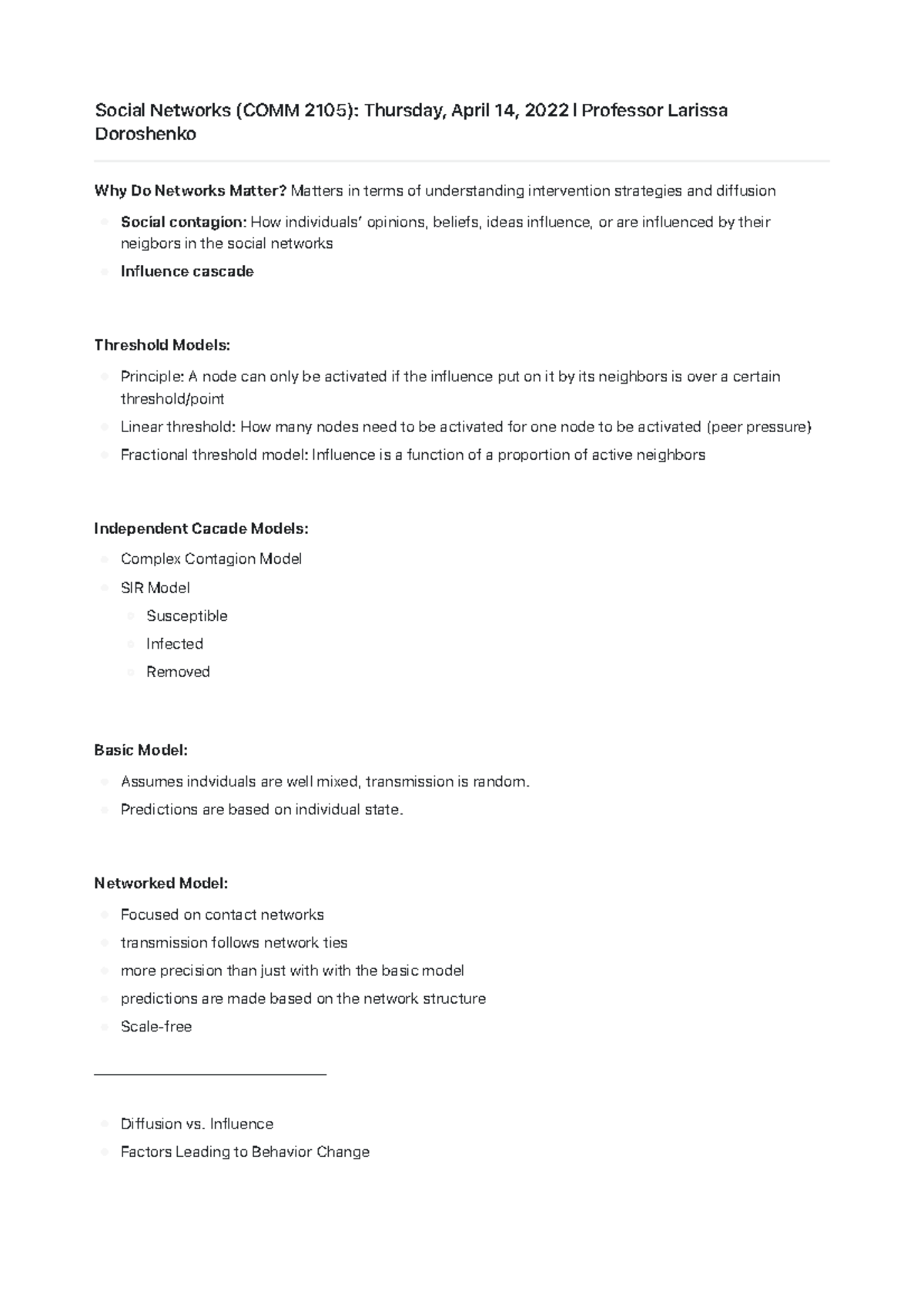 Social Networks (COMM 2105): Thursday, April 14, 2022 l Professor ...