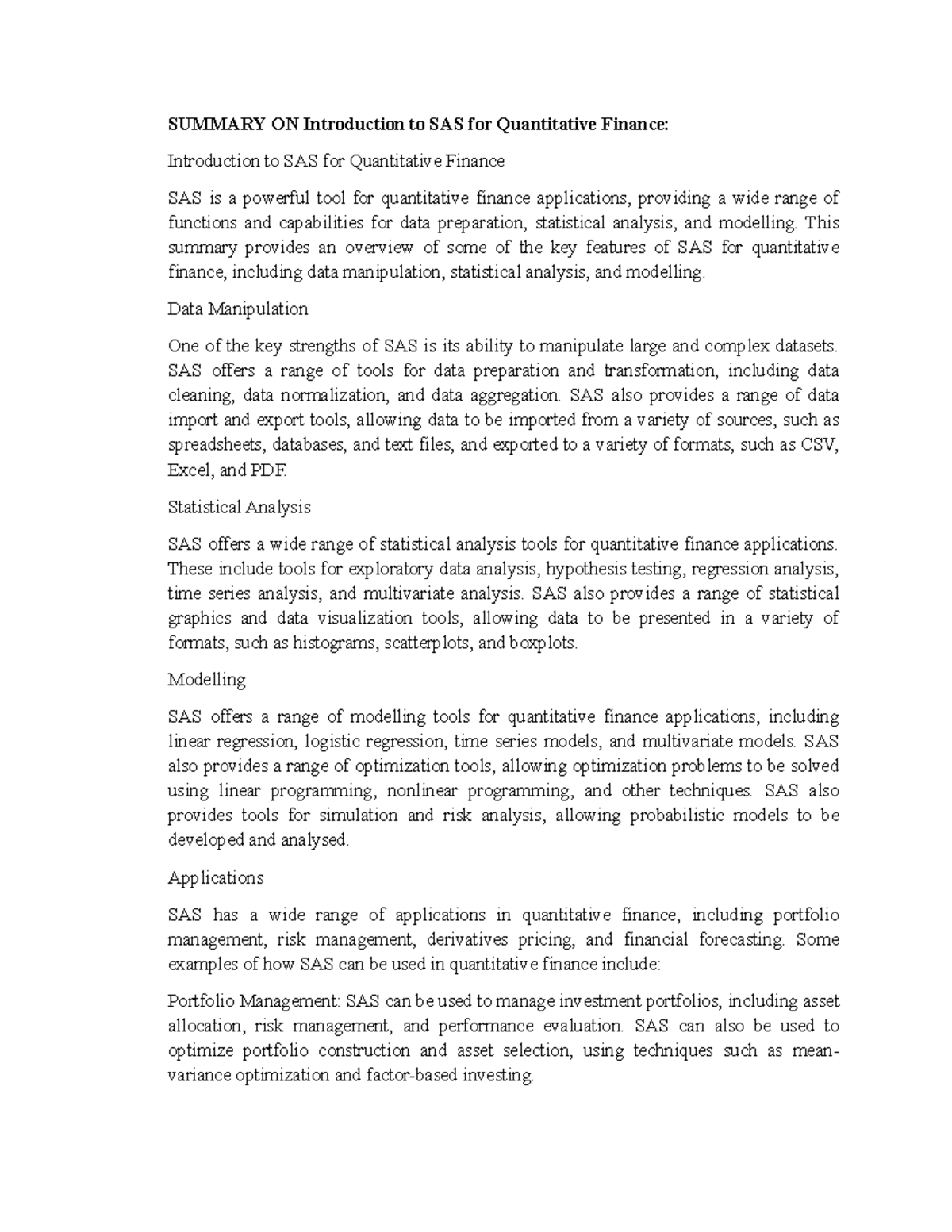 Summary ON Introduction to SAS for Quantitative Finance - SUMMARY ON ...