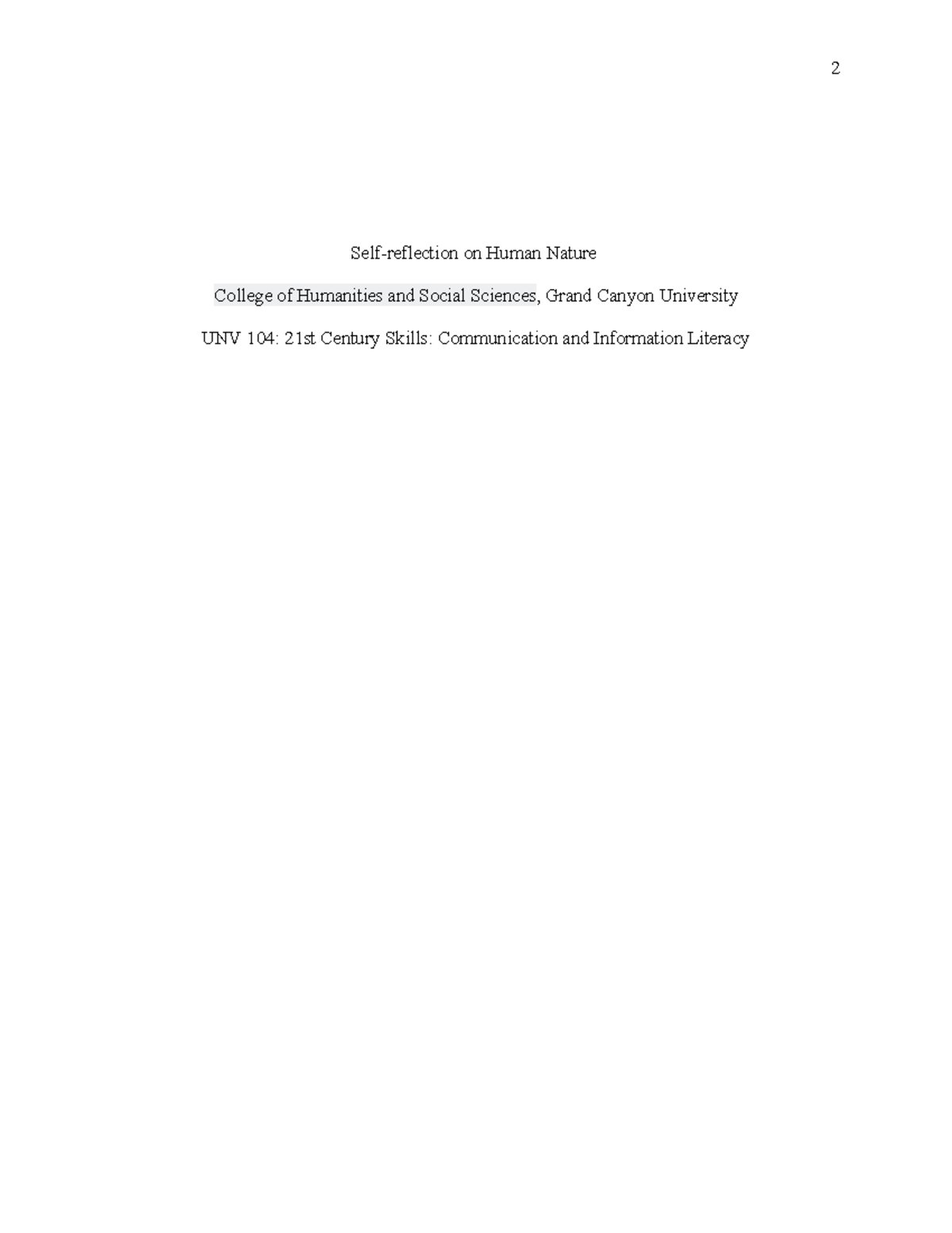 Self Reflection - notes - Self-reflection on Human Nature College of ...