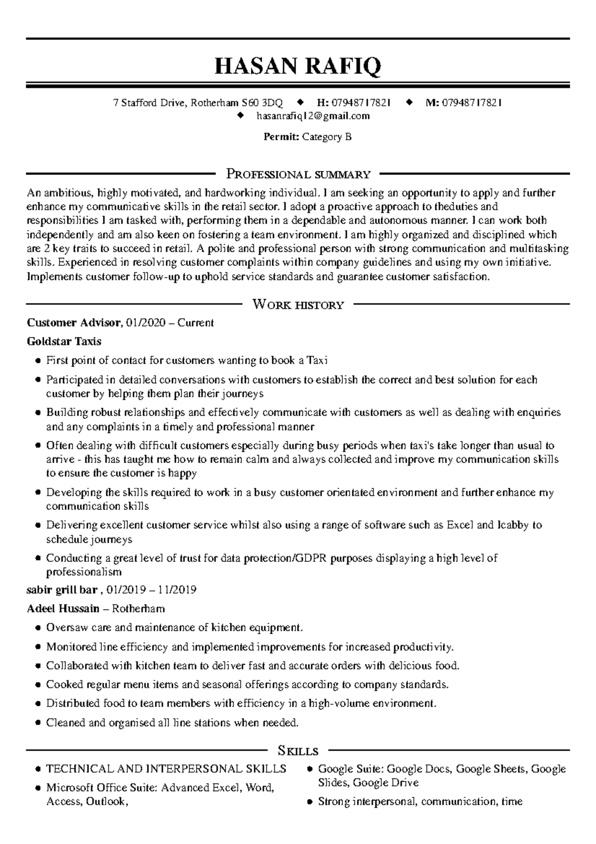 Hasan Rafiq CV newwwwwww - HASAN RAFIQ 7 Stafford Drive, Rotherham S60 ...