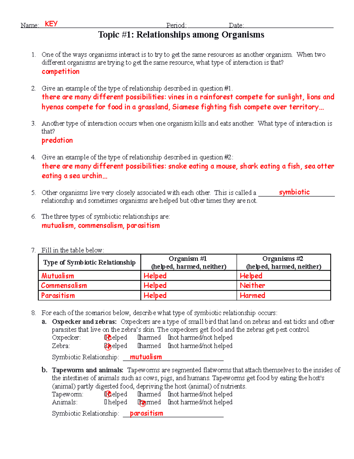 Topic 1 interactions key - Name: Period: Date: Topic #1: Relationships ...
