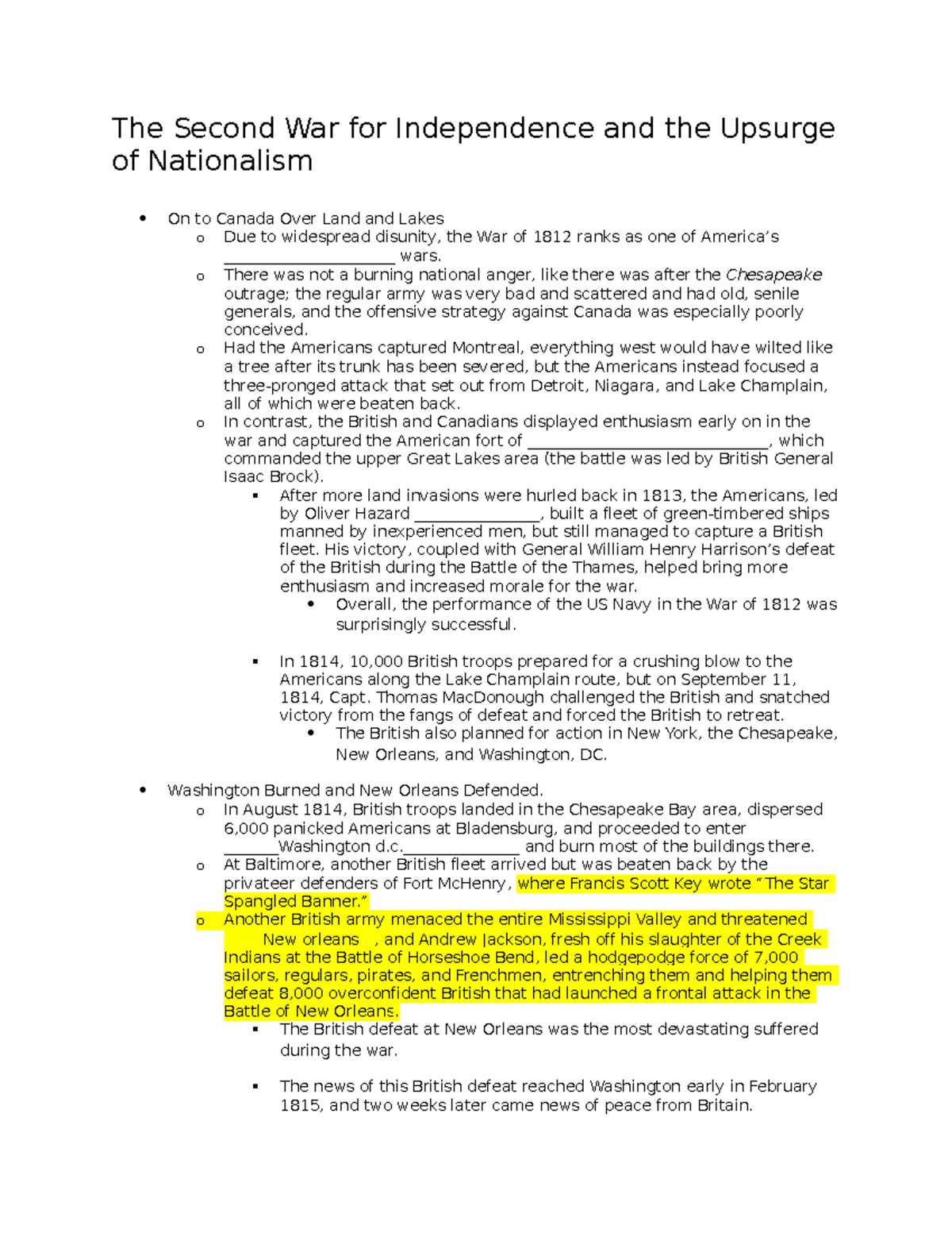 Unit 6 Notes - nice - The Second War for Independence and the Upsurge ...