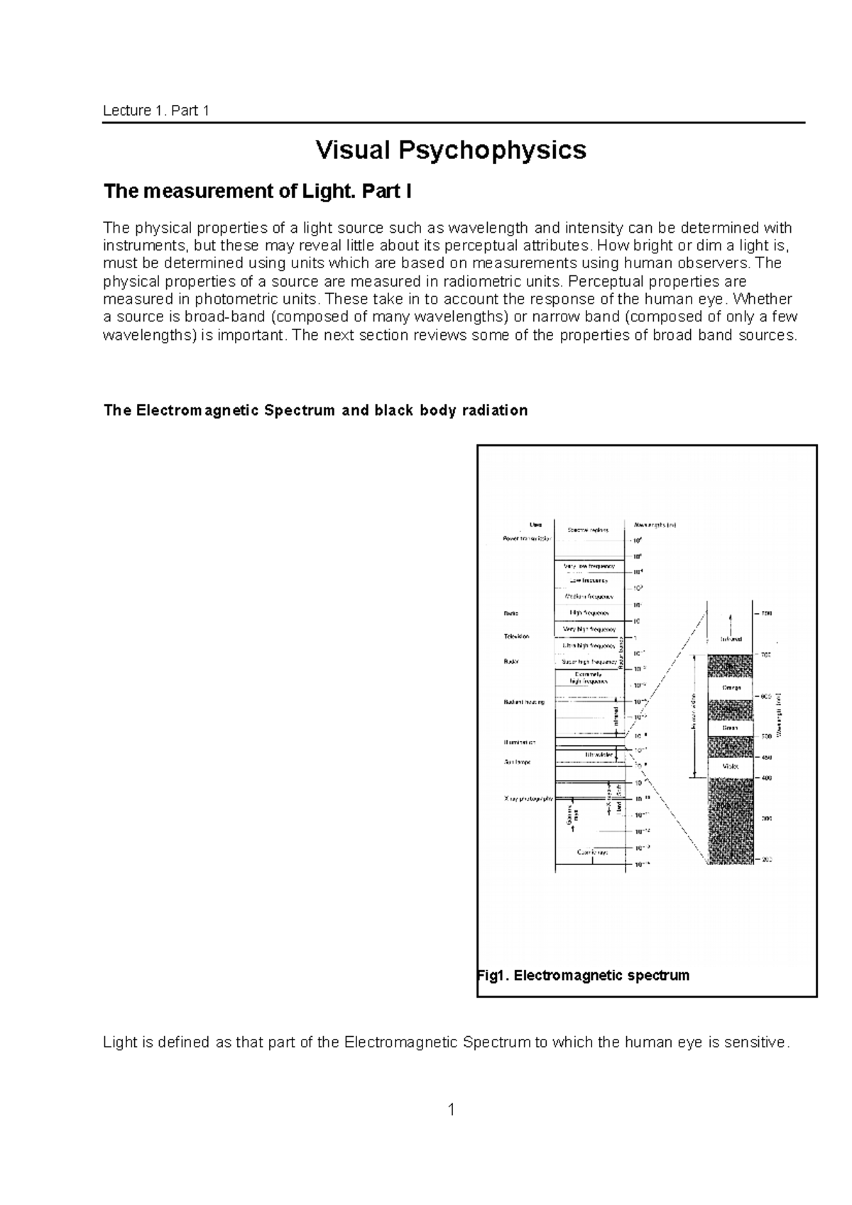 Lecture 1.1 The measurement of Light - Visual Psychophysics The ...
