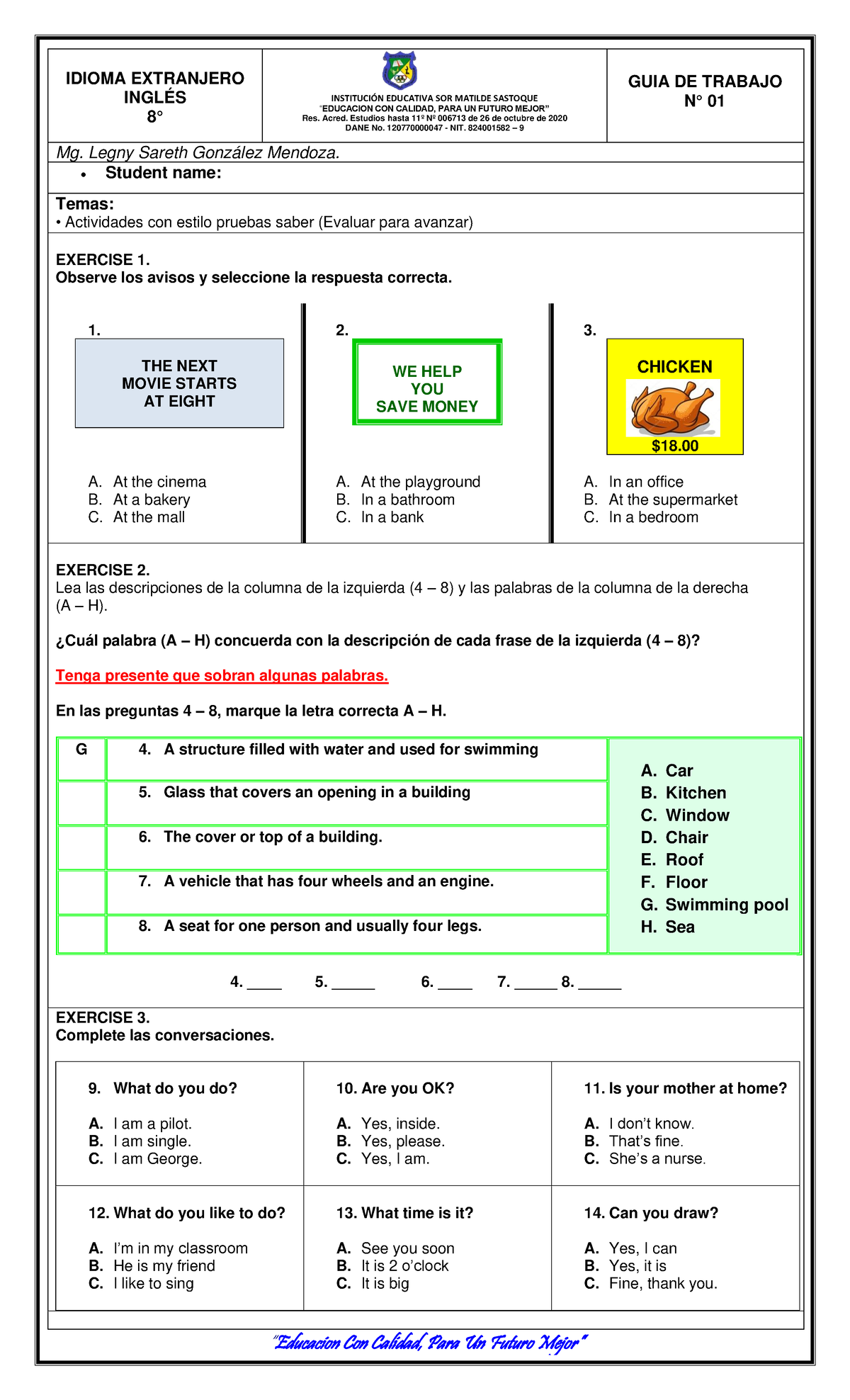 8° Inglés - GUÍA 1 - Refuerzo Prueba Saber - “Educacion Con Calidad ...