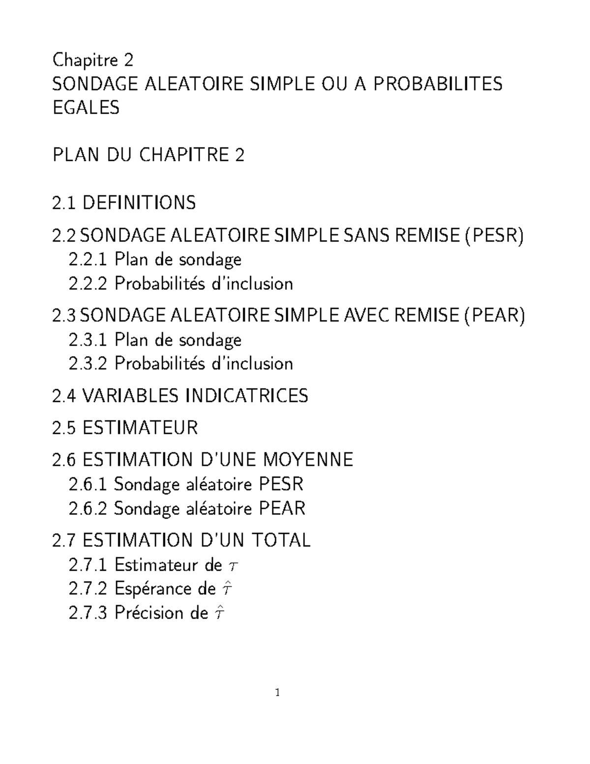 Chapitre 2 Sondage Aleatoire Simple OU A Probabilites Egales. 2.1 ...