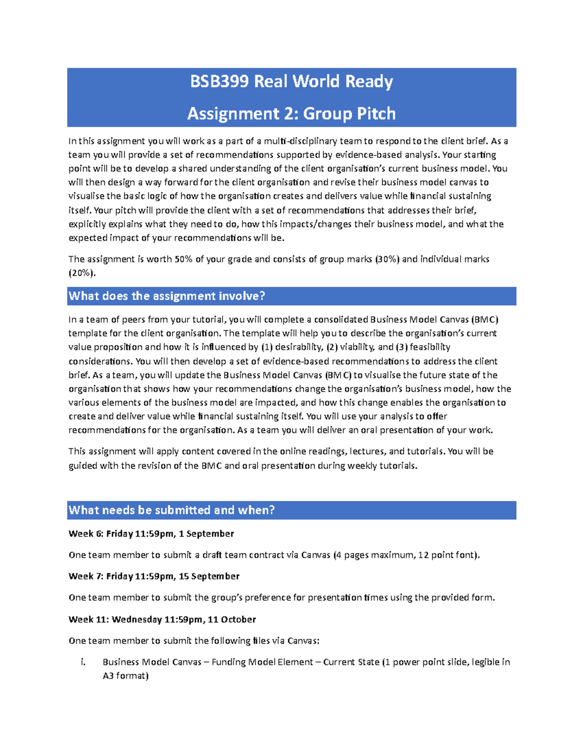 BSB399 A2 Group Pitch Task Sheet - BSB399 Real World Ready Assignment 2 ...