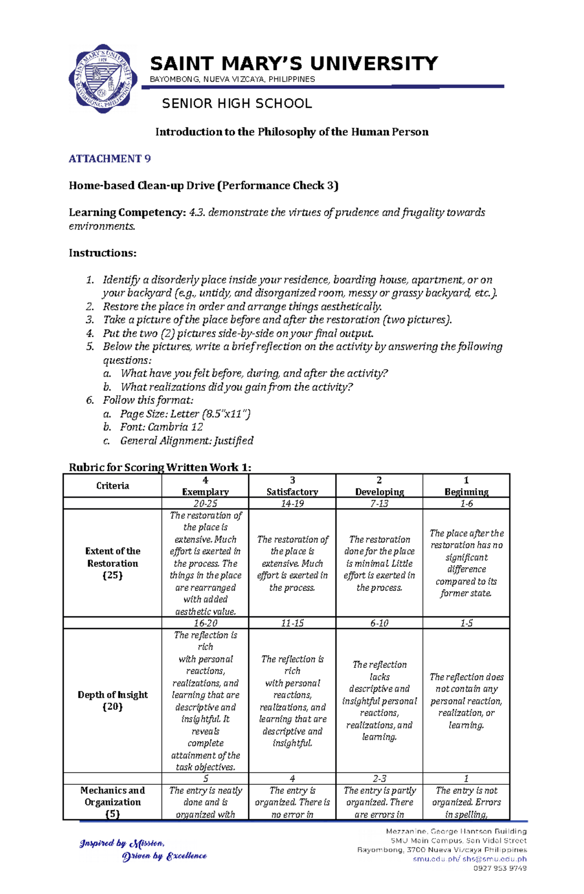 Attachment 9 Home based Clean up Drive - SAINT MARY’S UNIVERSITY ...