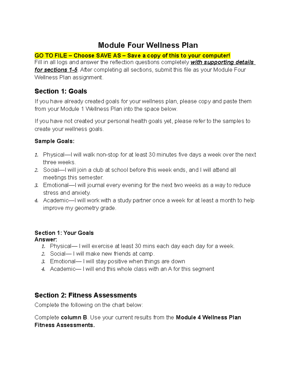Module four wellness plan - Module Four Wellness Plan GO TO FILE ...