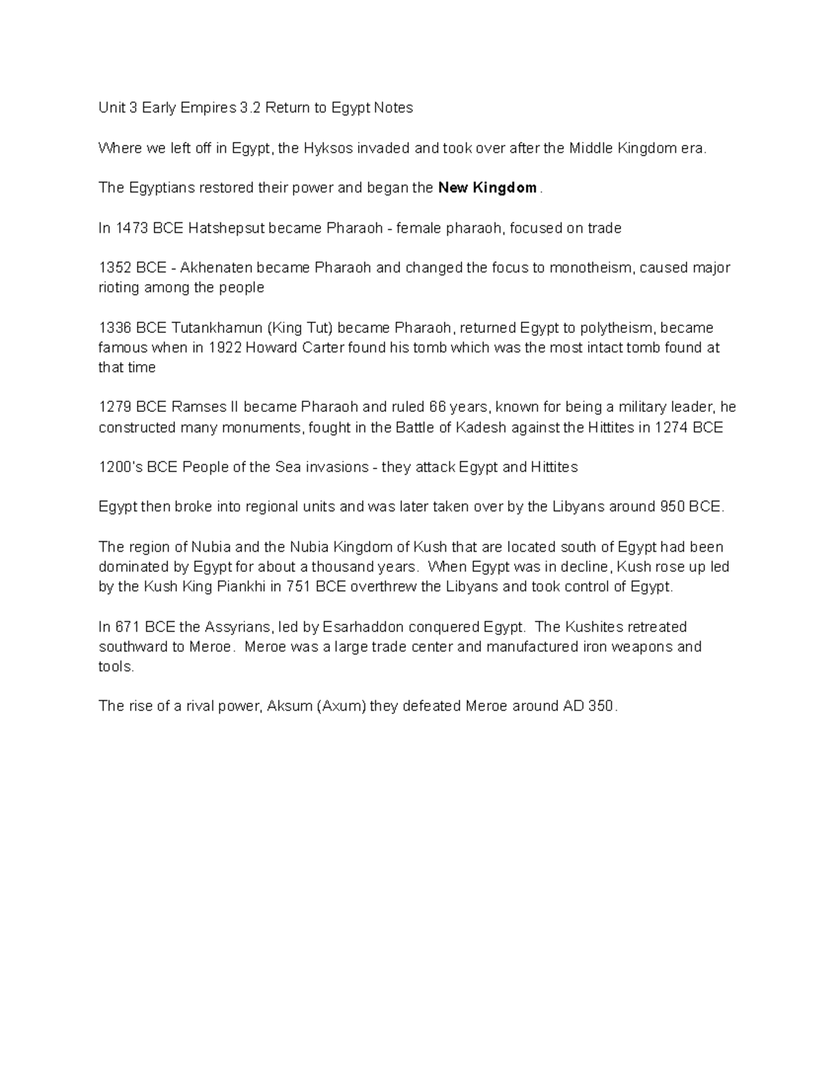 Unit 3 Early Empires 3.2 Return to Egypt Notes - Unit 3 Early Empires 3 ...