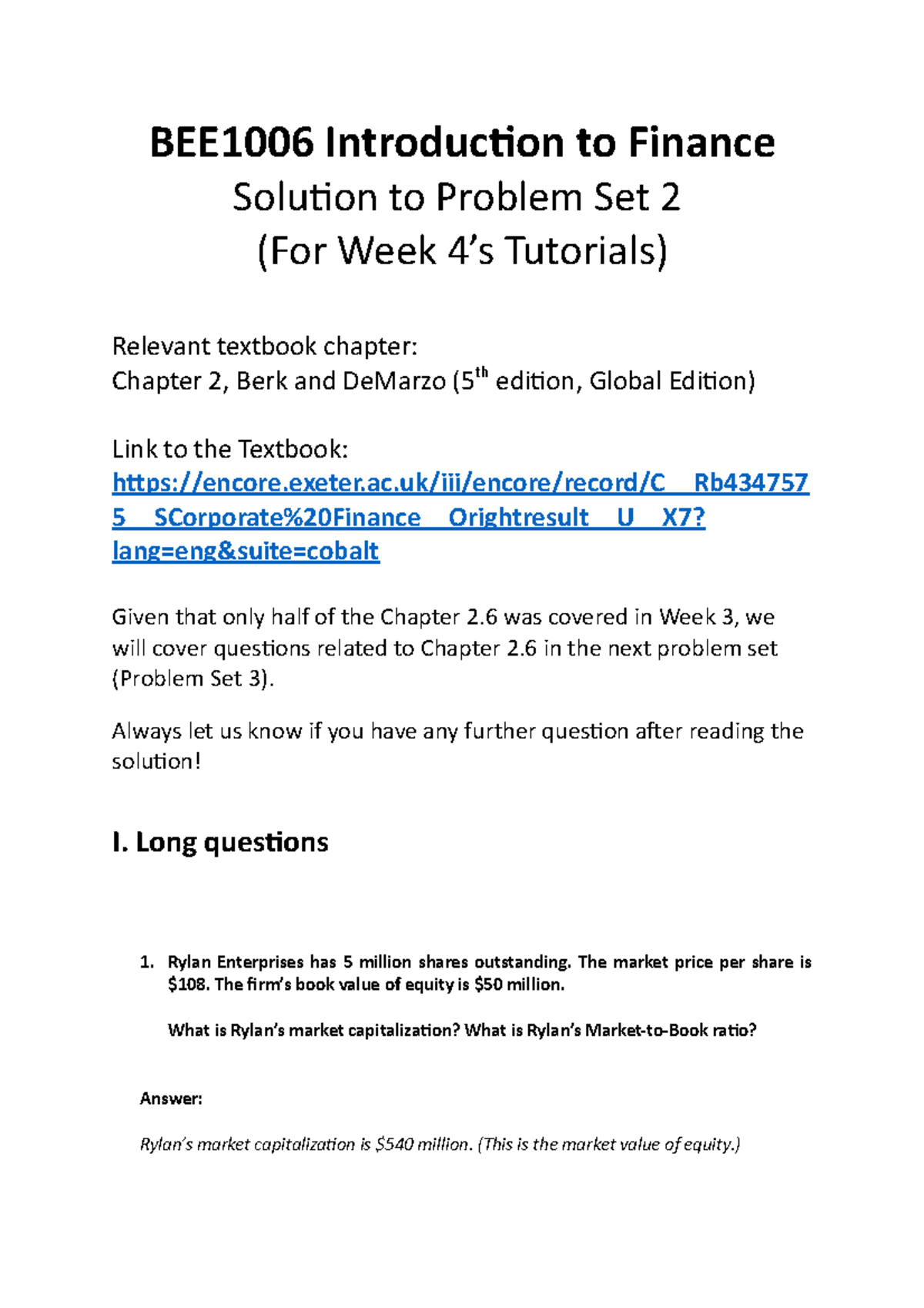 Solution to Problem Set 2 - BEE1006 Introduction to Finance Solution to ...