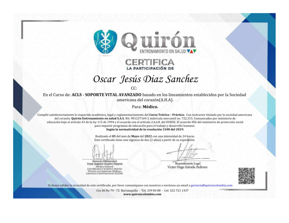 Certificado de Quiron ACLS- Soprte Vital Avanzado - Medicina - Studocu