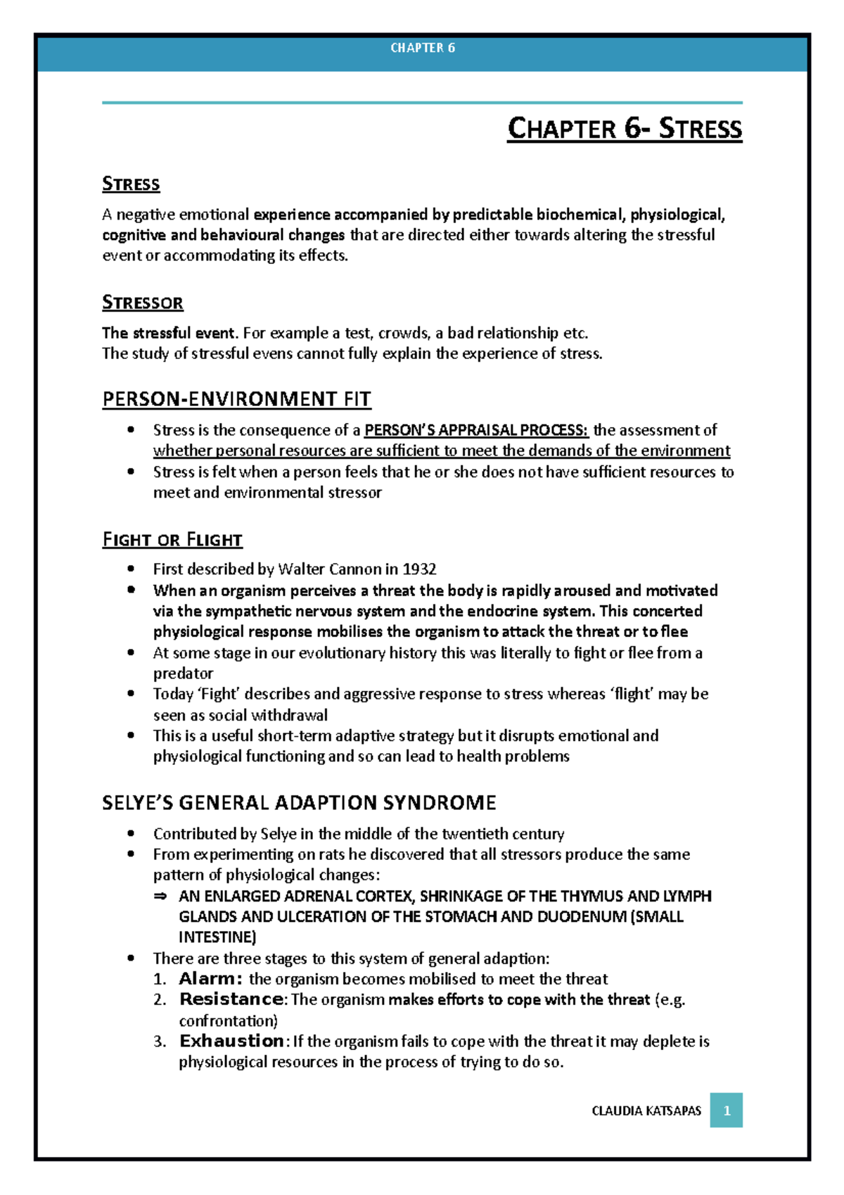 Psychology Chapter 6 - Summaries - C HAPTER 6- STRESS S TRESS A ...