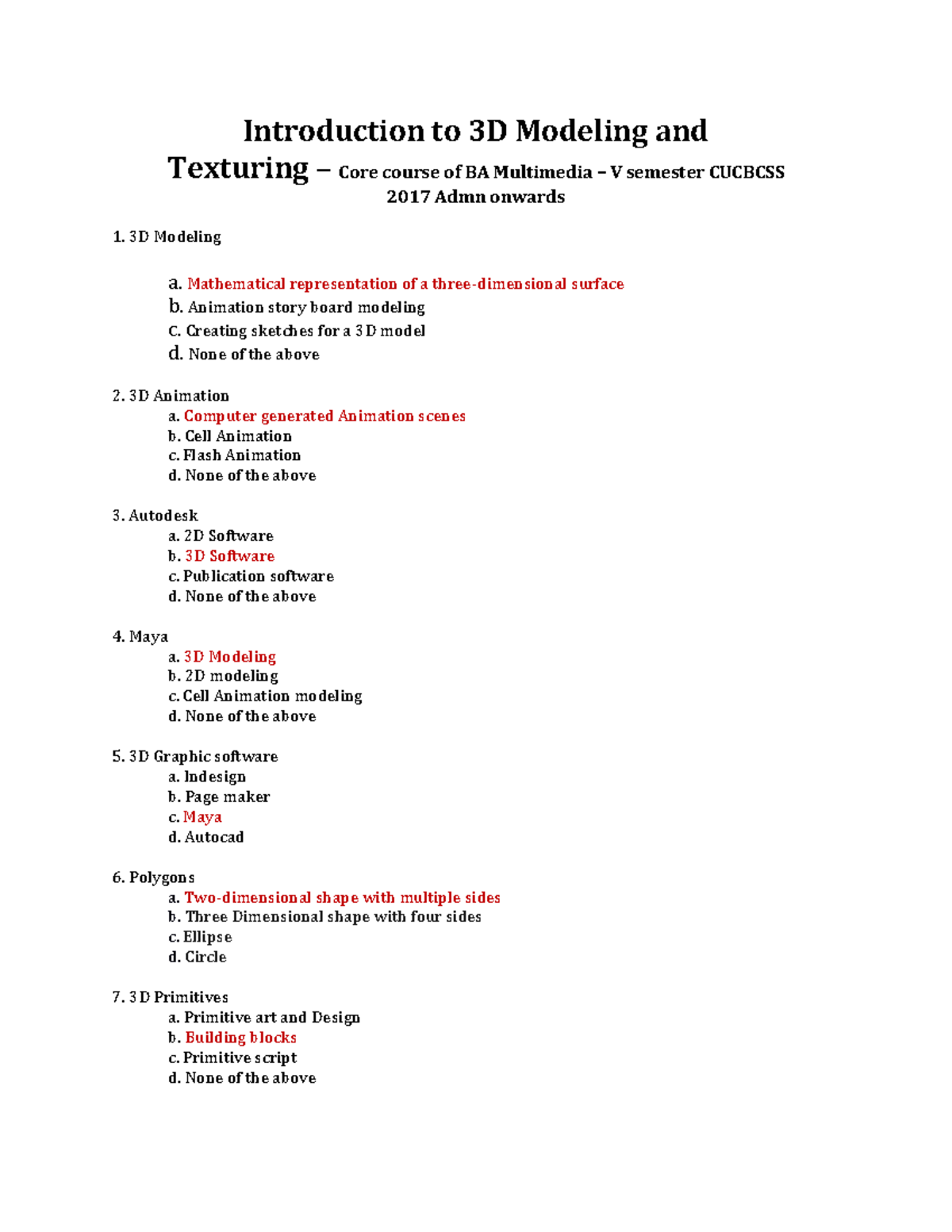MCQ Introduction to 3D Modeling and Texturing - Introduction to 3D ...