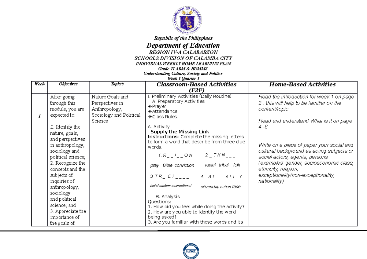 WLP WEEK 1 UCSP - sample week 1 wlp - Republic of the Philippines ...