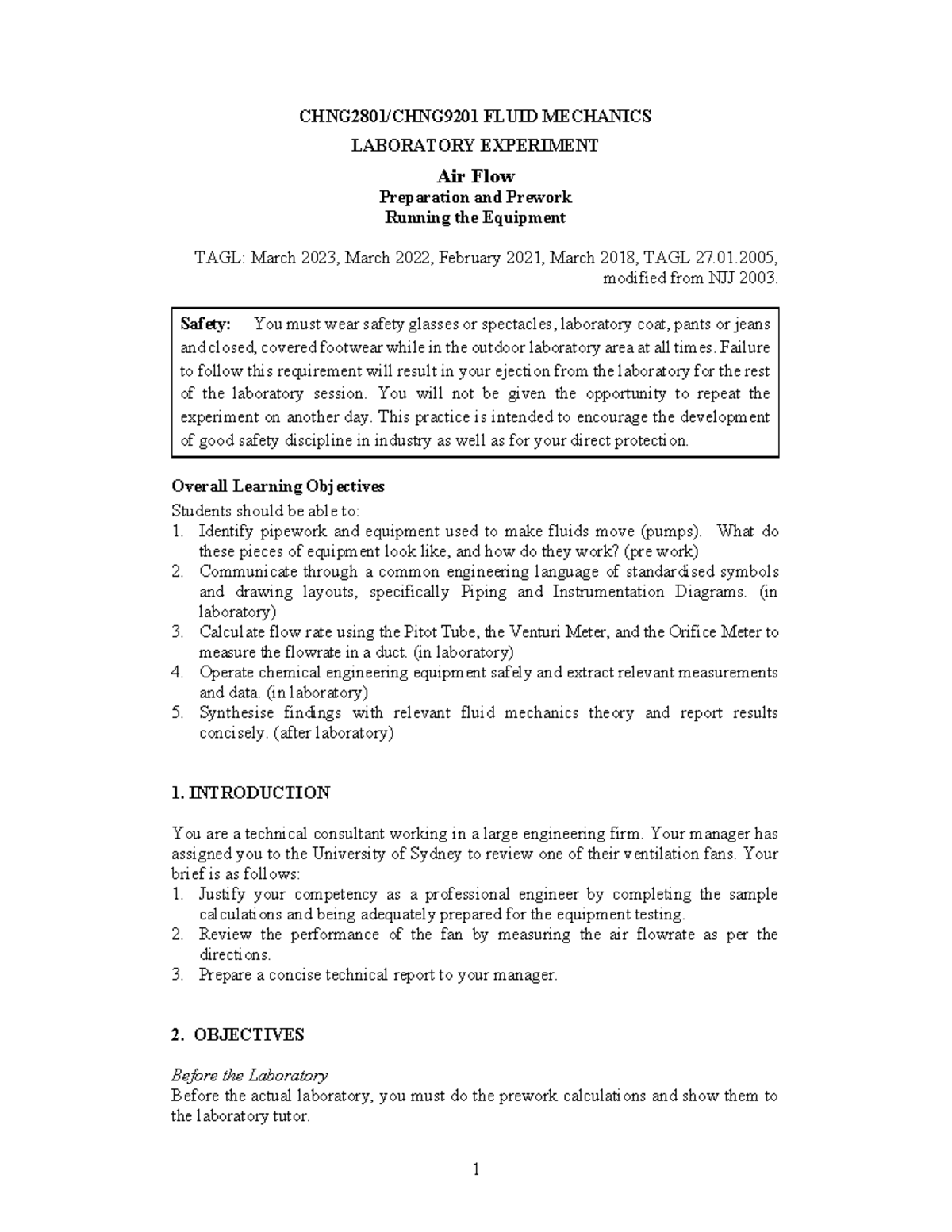 Lab air briefing notes 01032023 - CHNG2801/CHNG9201 FLUID MECHANICS ...