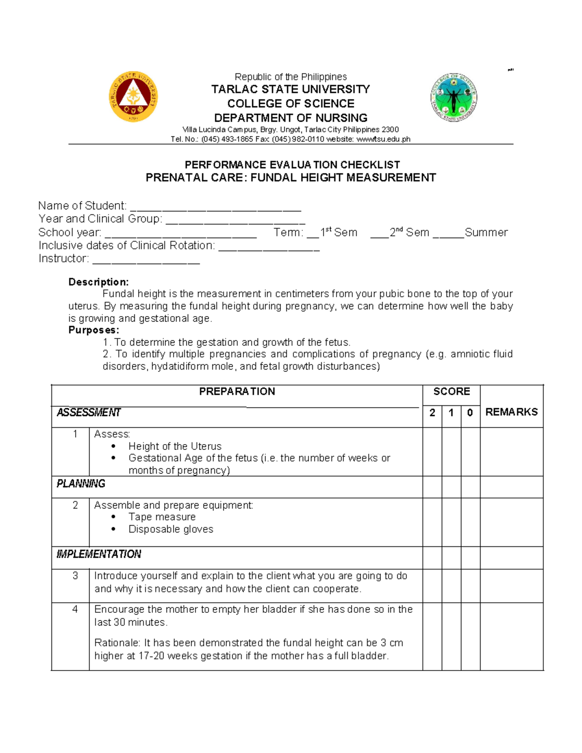 Prenatal-checklist-only - psr. Republic of the Philippines TARLAC STATE ...