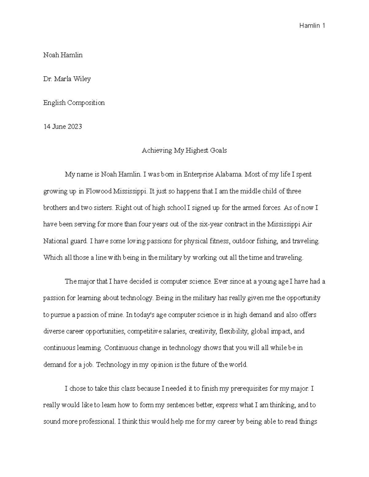 First week writing - About me paper - Hamlin 1 Noah Hamlin Dr. Marla ...