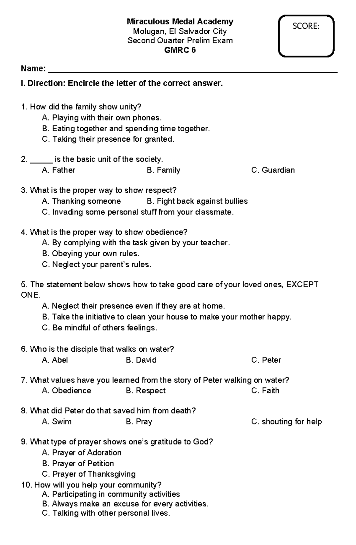 2nd QTR Prelim GMRC 6 - test questionnaire - Miraculous Medal Academy ...