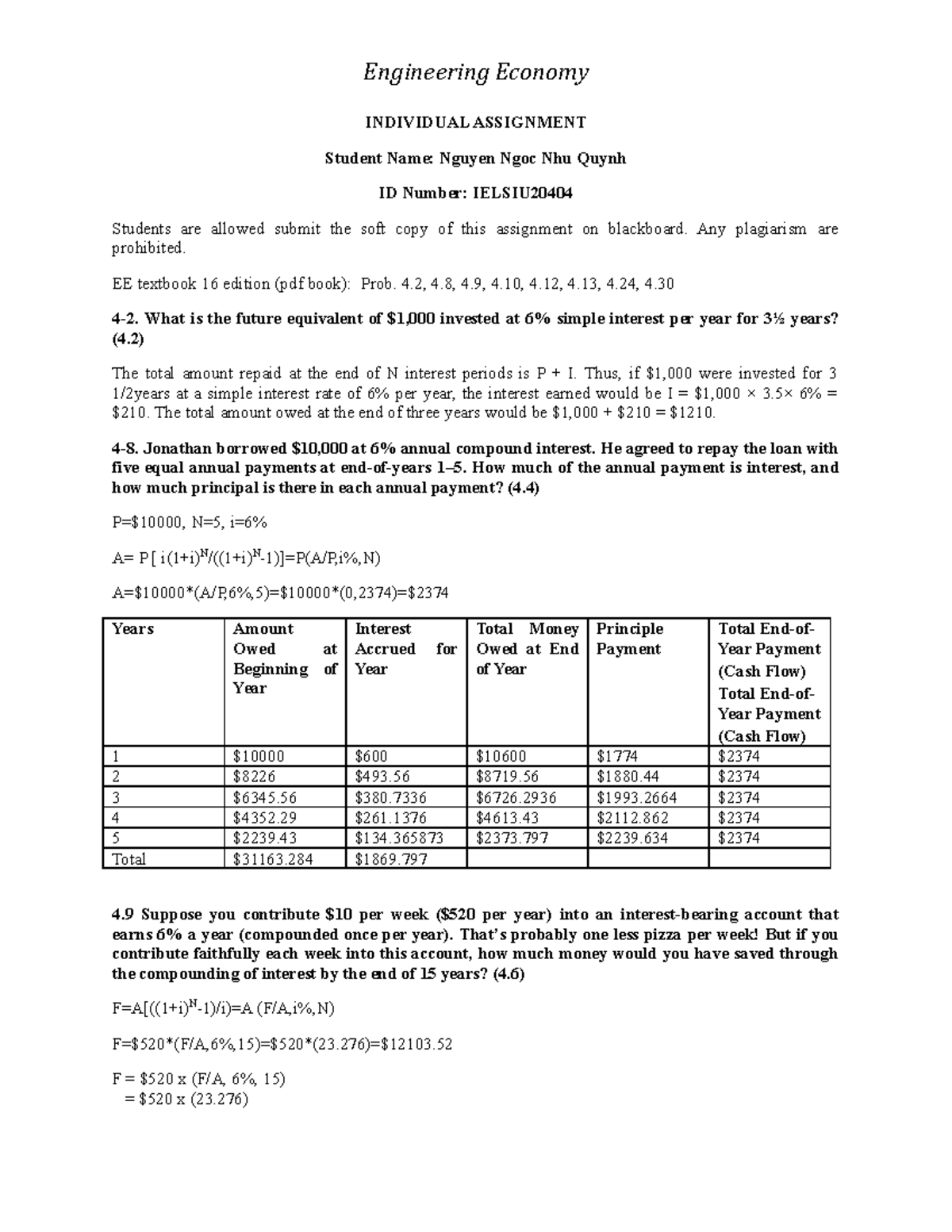 Assigment 2 - University - Engineering Economy INDIVIDUAL ASSIGNMENT ...