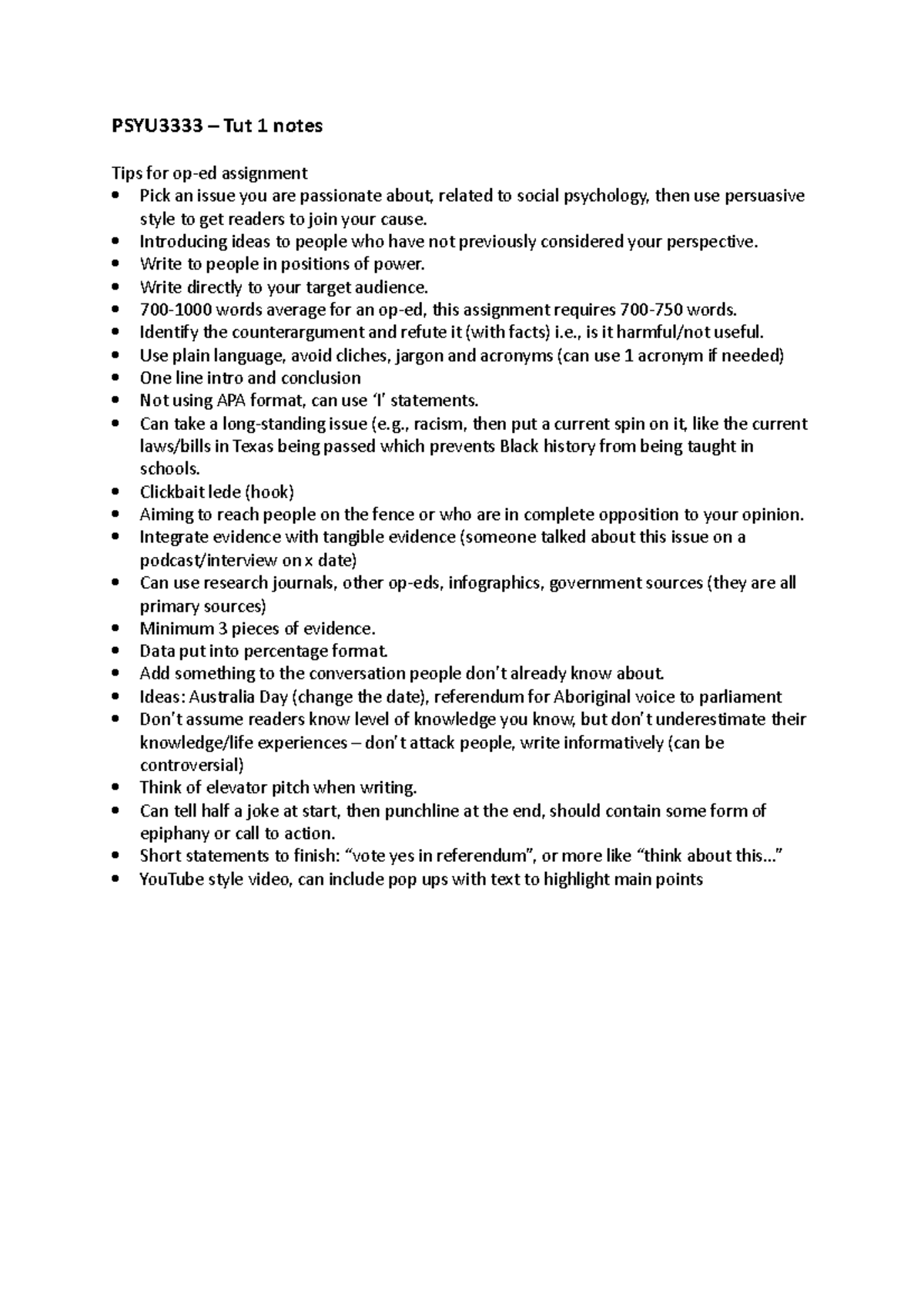 PSYU3333 Tut 1 notes - PSYU3333 – Tut 1 notes Tips for op-ed assignment ...