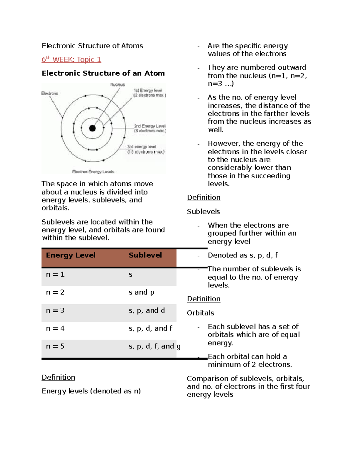 Chemistry Final - Electronic Structure of Atoms 6 th WEEK: Topic 1 ...
