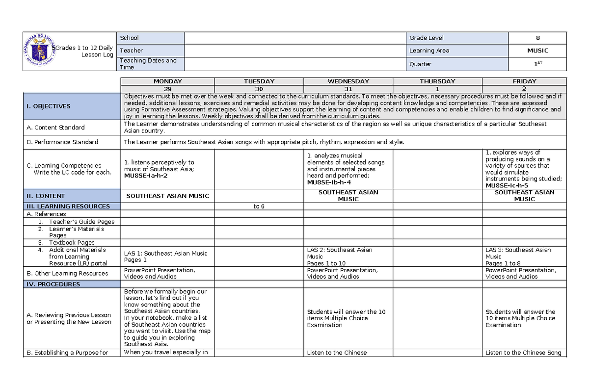 1. Music 1ST Quarter - 5Grades 1 to 12 Daily Lesson Log School Grade ...