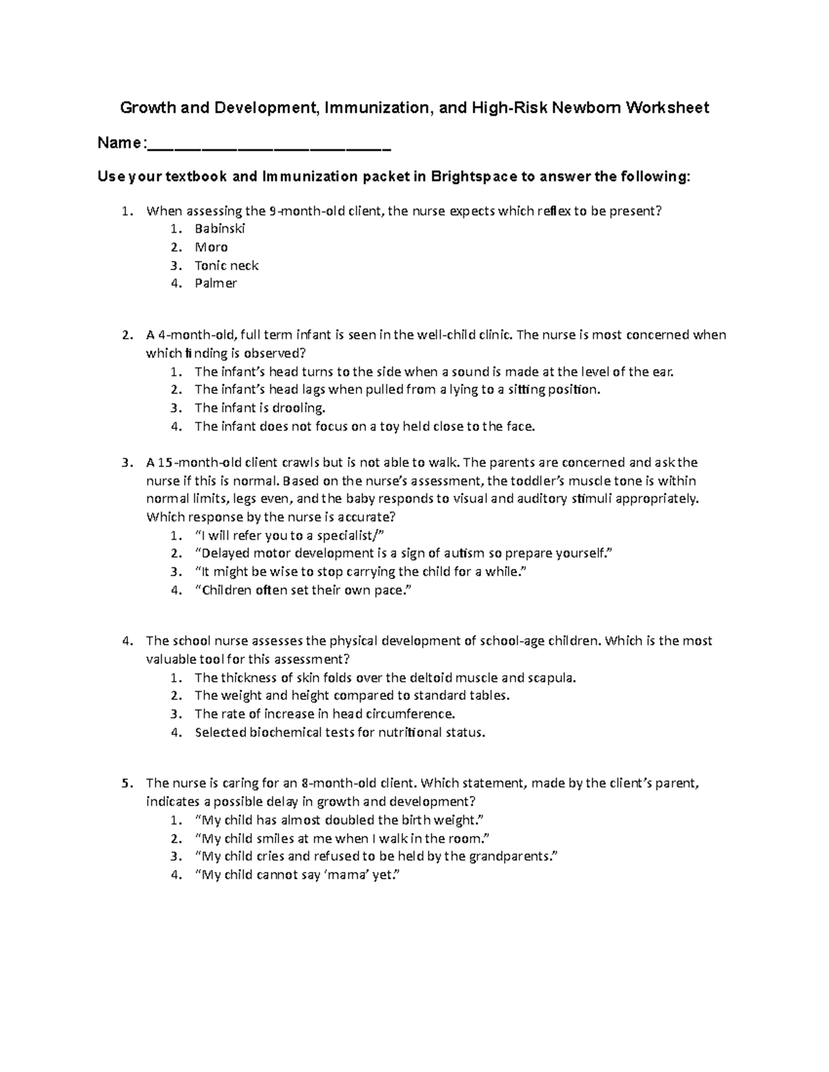 Growth and Development, Immunization, and High-Risk Newborn Worksheet ...