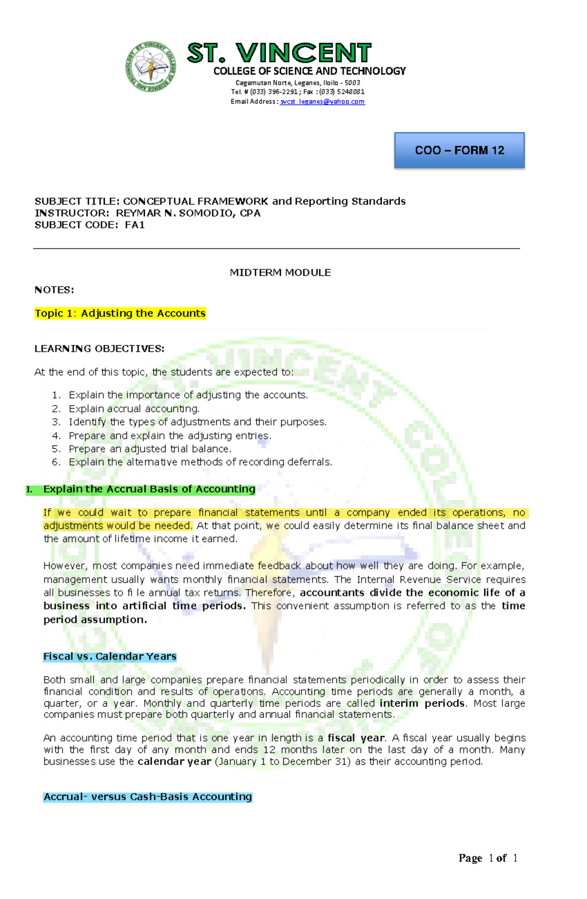 FA1 Midterm Module - ACCOUNTING - COLLEGE OF SCIENCE AND TECHNOLOGY ...