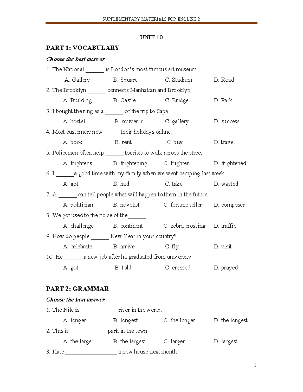 Unit 10 - Supplementary - UNIT 10 PART 1: VOCABULARY Choose the best ...