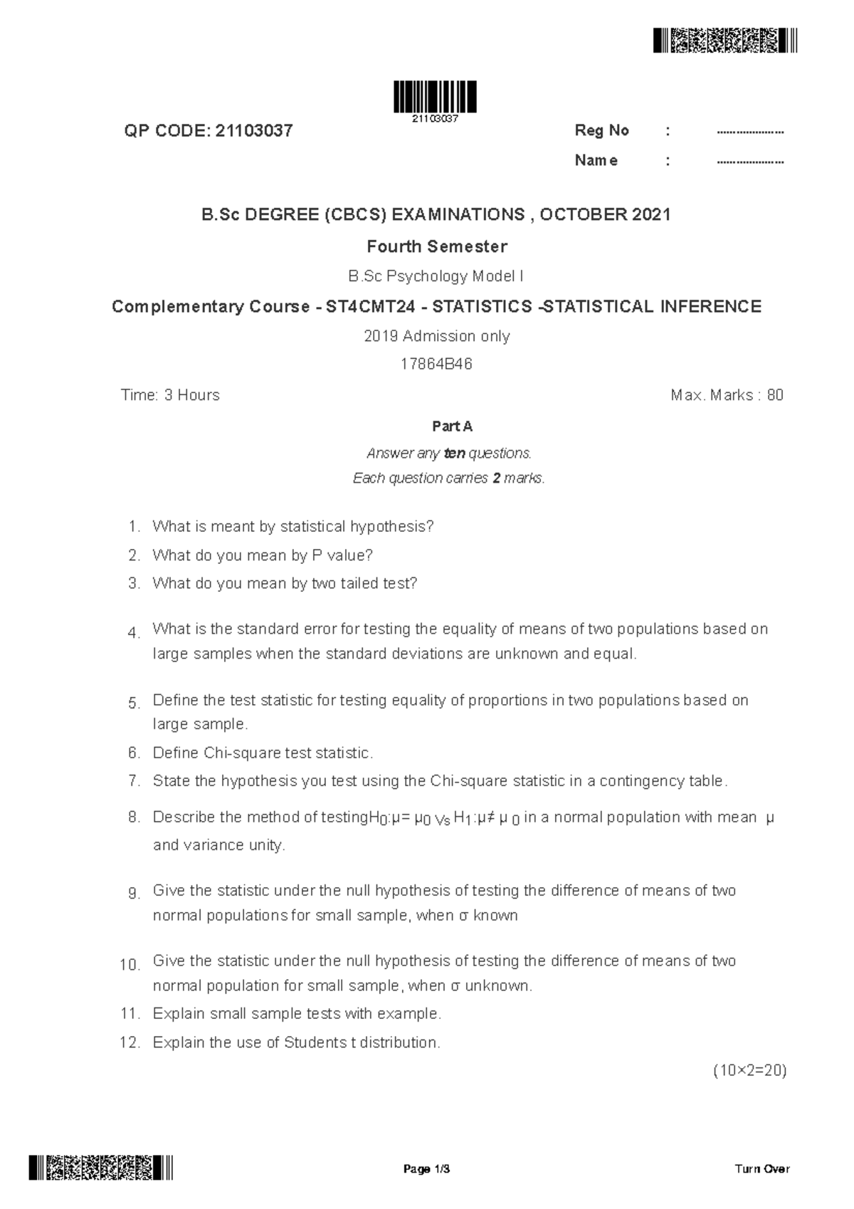Bsc-4-sem-psychology-statistics-statistical-inference-21103037-oct-2021 - QP CODE: 21103037 Reg ...