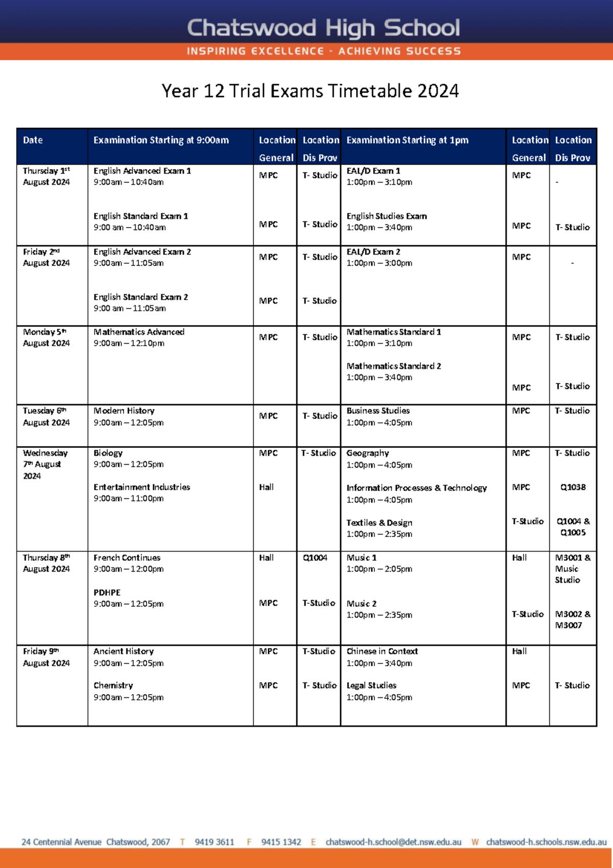 Year 12 Trial Exam TImetable 2024 with Examination Rules - Year 12 ...