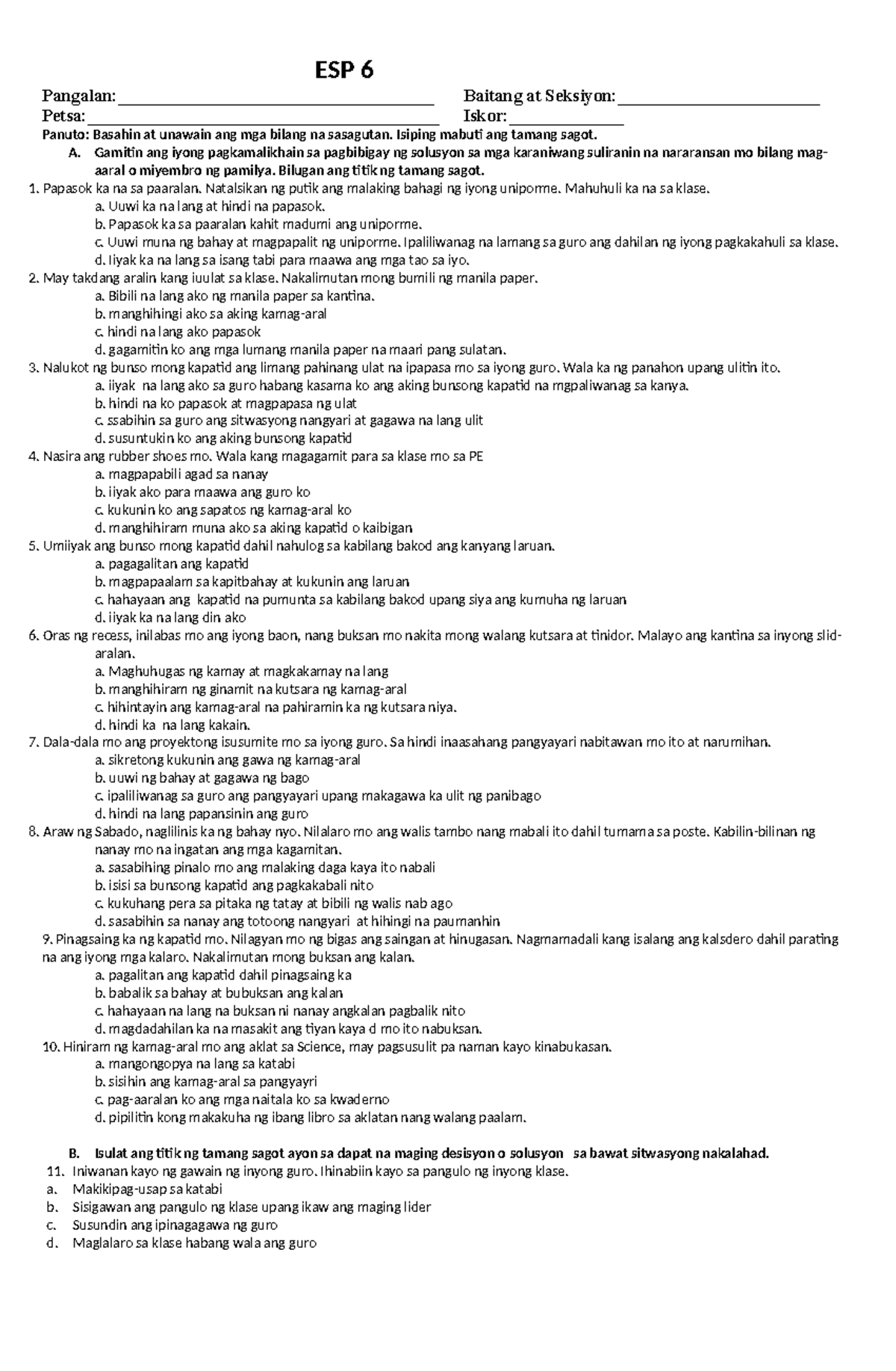 Ikaapat Markahang Pagsusulit SA ESP VI tos - ESP 6 Pangalan ...