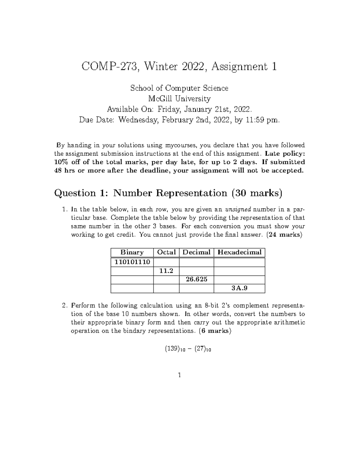 Assignment 1 - 2022winter - COMP-273, Winter 2022, Assignment 1 School of Computer Science ...