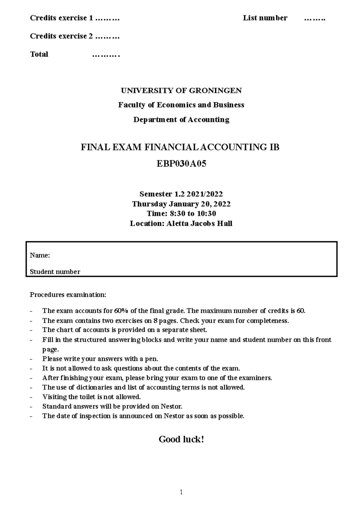 Exam financial accounting IB-20212022 - Credits exercise 1 ...
