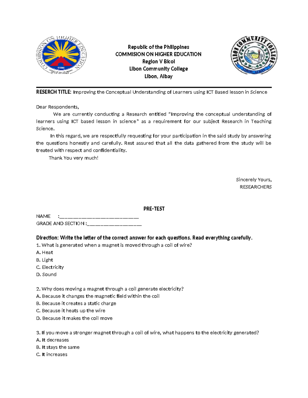 PRE TEST POST TEST - Pretest and Posttest - Republic of the Philippines ...