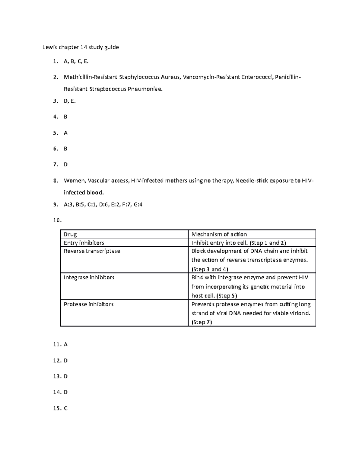 Lewis study guide chapter 14 - Lewis chapter 14 study guide 1. A, B, C, E. 2. Methicillin ...