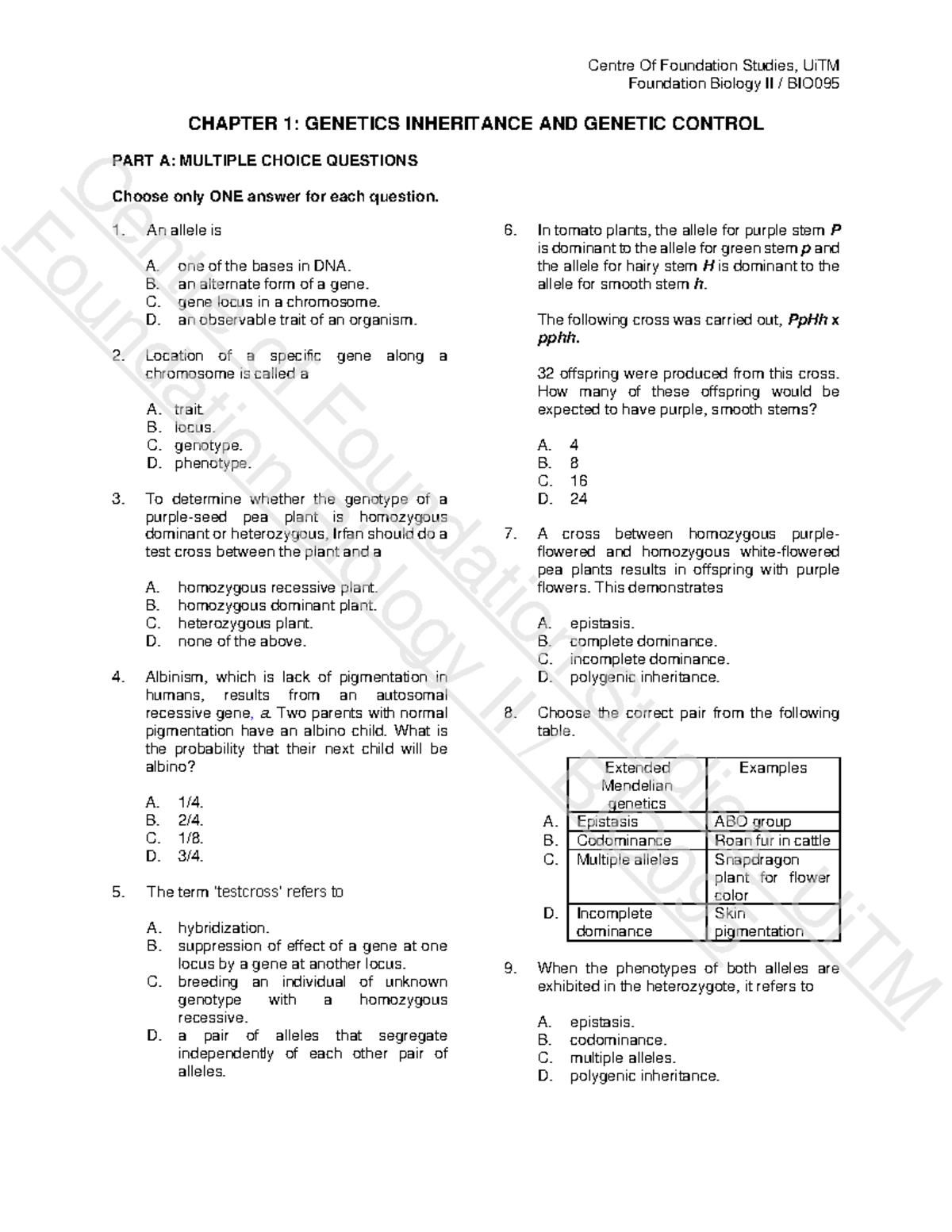 (Student) Chapter 1 - Genetic Inheritance & Genetic Control ...