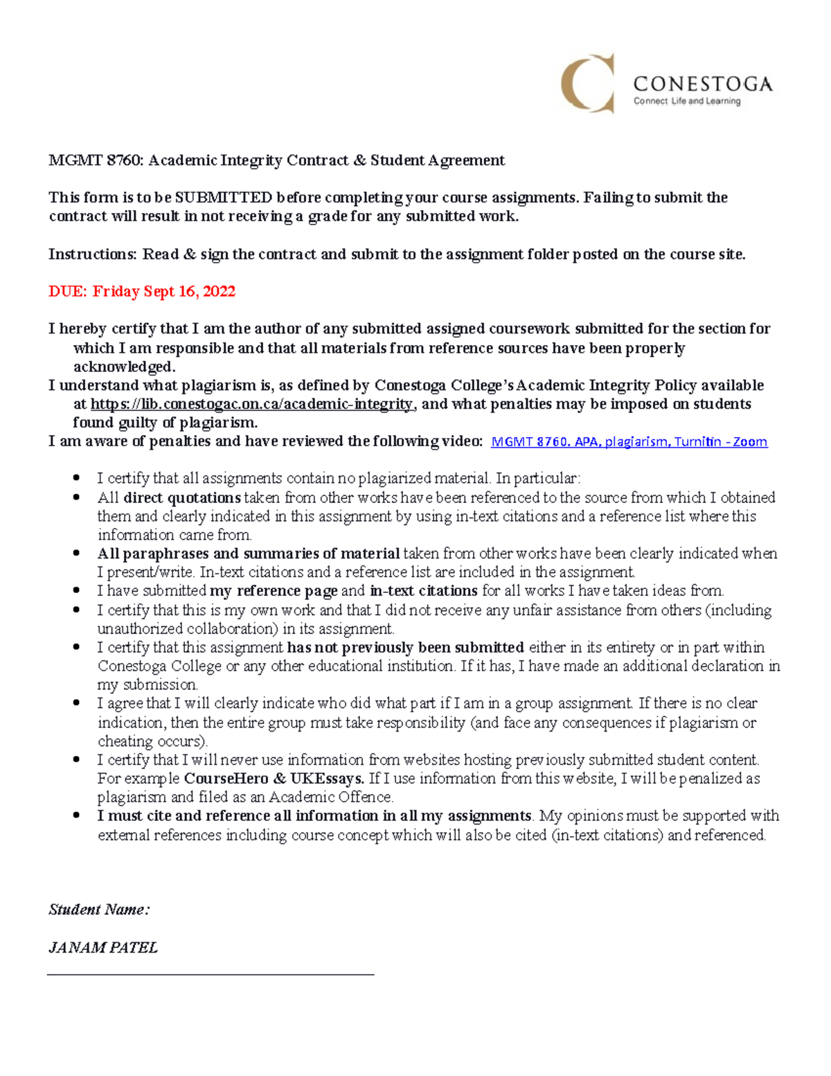 MGMT 8760 Academic Integrity Contract F22 - Failing to submit the ...