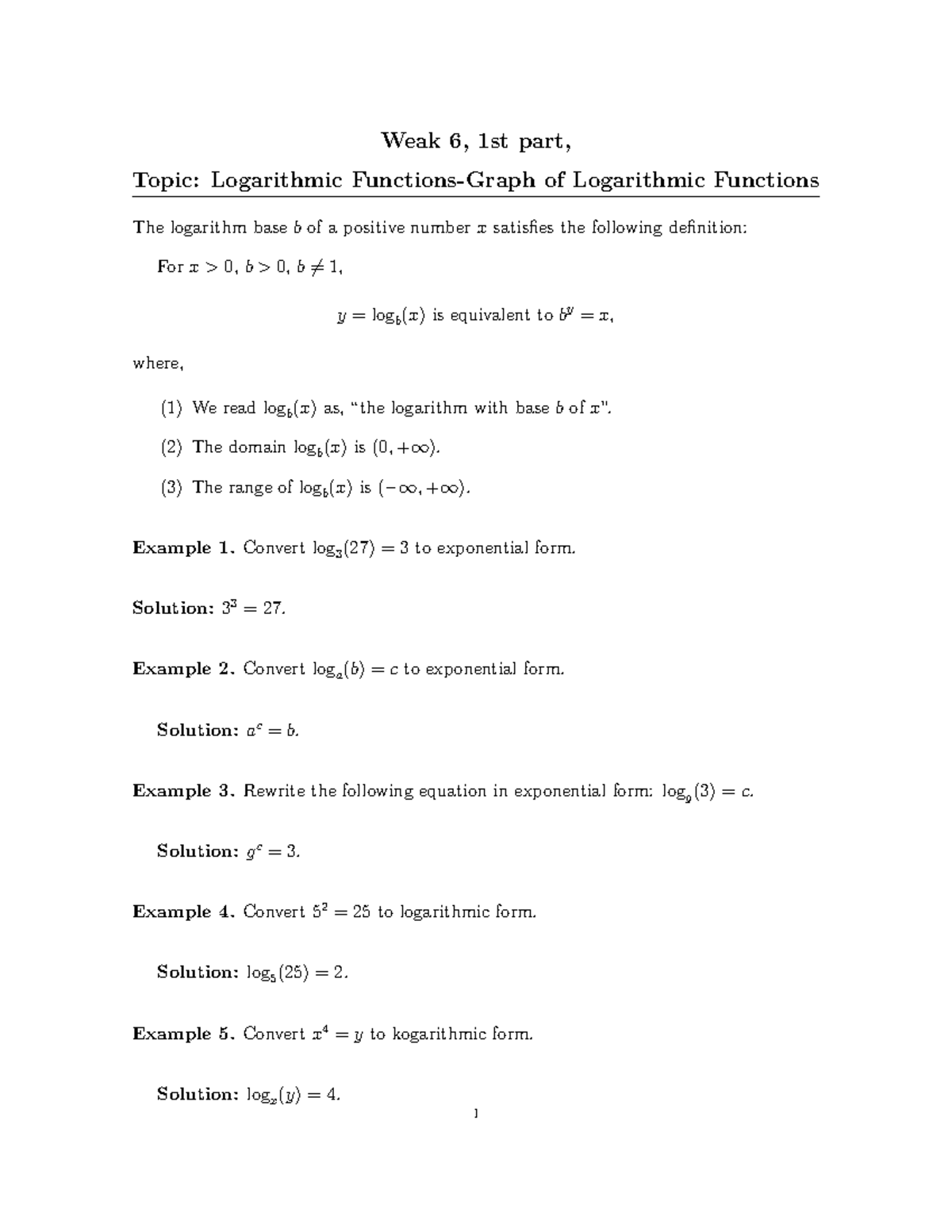 W61 - Logarithmic Functions-Graph of Logarithmic Functions - ฀Weak 6 ...