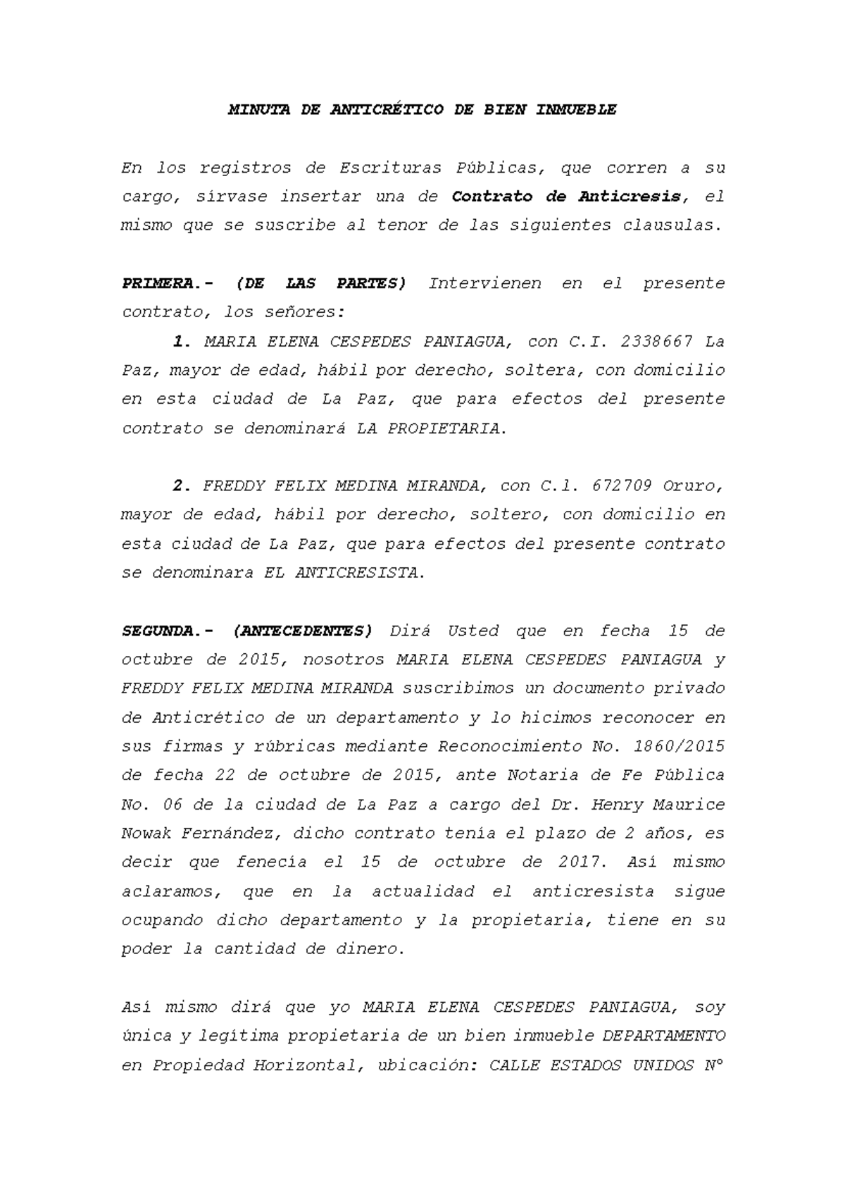 Contrato de anticretico bolivia - MINUTA DE ANTICRÉTICO DE BIEN ...