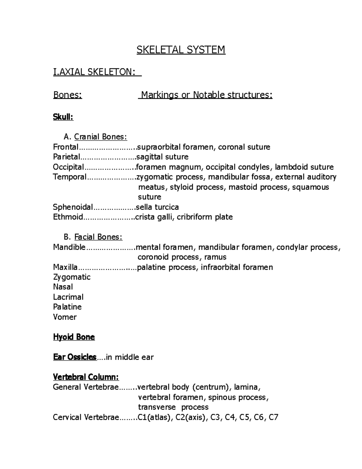 Skeletal System - List -Fall 2020 - SKELETAL SYSTEM I SKELETON: Bones ...
